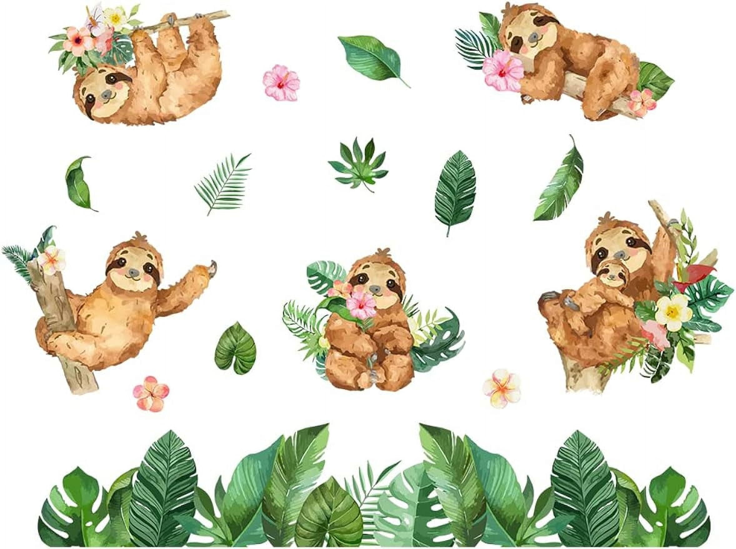 Funny Sloth Wall Stickers Tropical Plants Flowers Vinyl Decals Palm ...