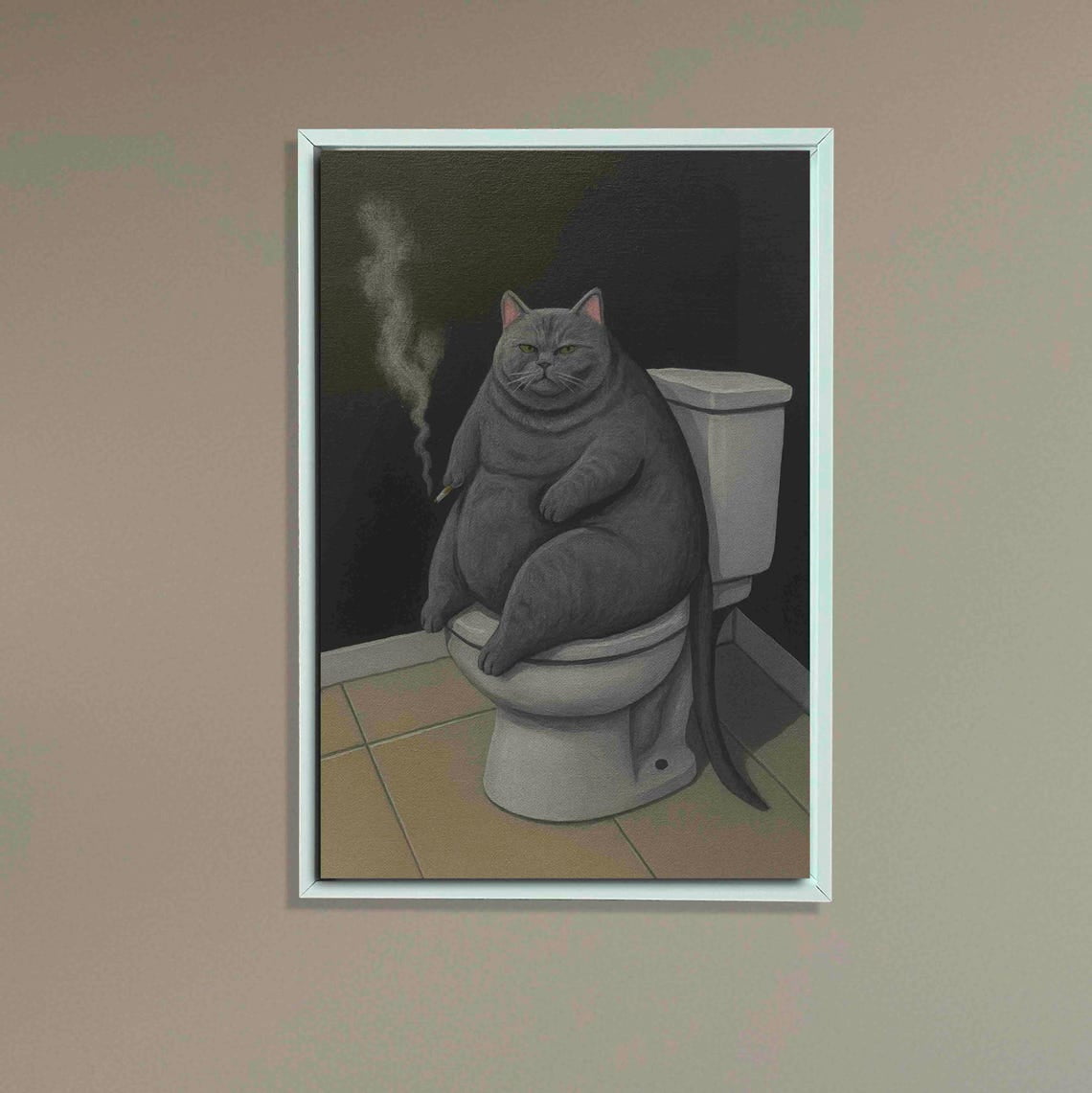 Funny Smoking Cat Bathroom Art, Fat Cat On Toilet, Quirky Feline Wall ...