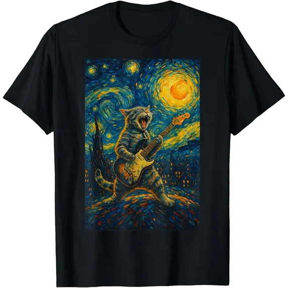 Funny Starry Sky Cat Guitarist Men Women Graphic T-Shirt - Walmart.com