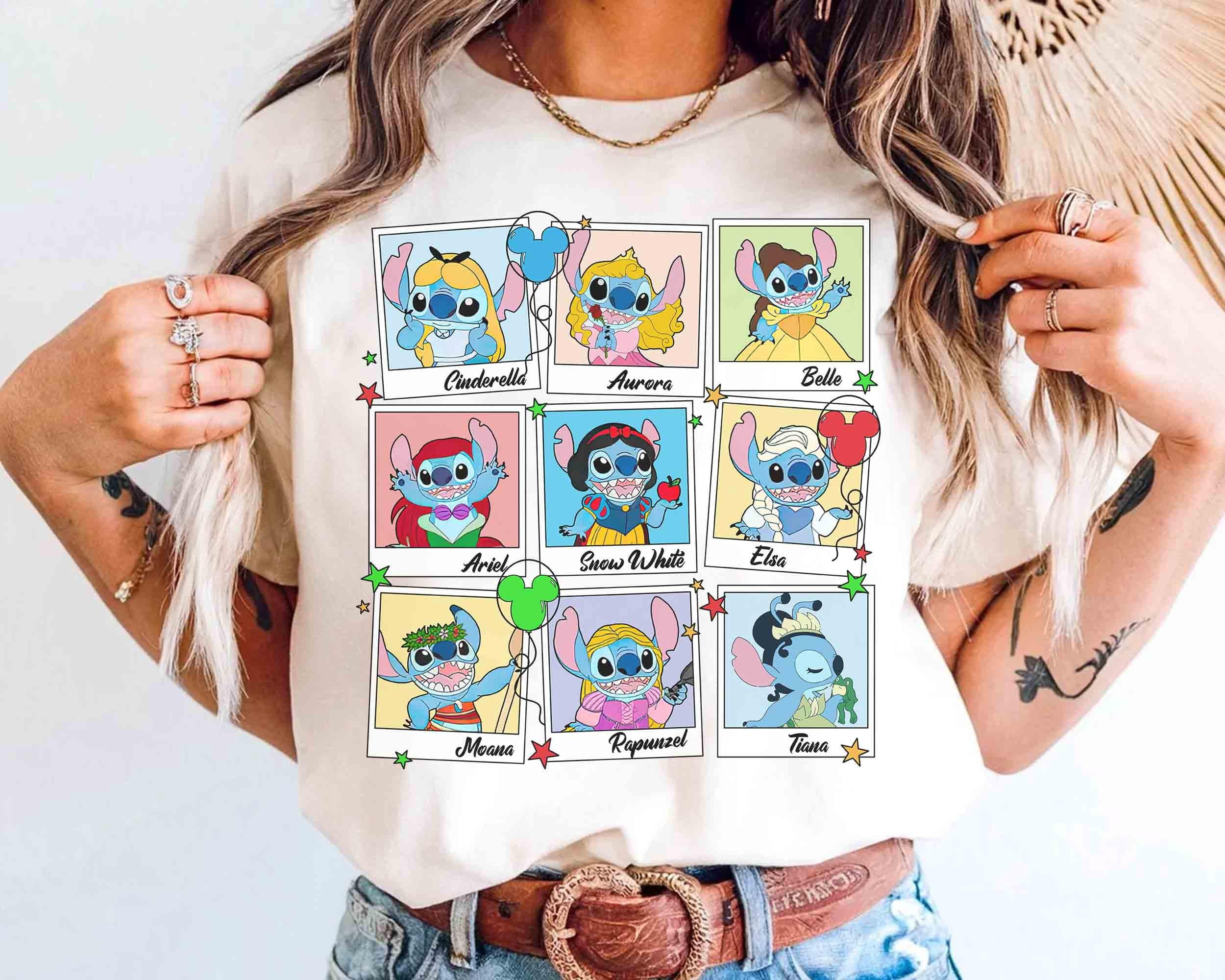 Funny Stitch Custom Disney Princess Belle Aurora Elsa Ariel T-shirt ...