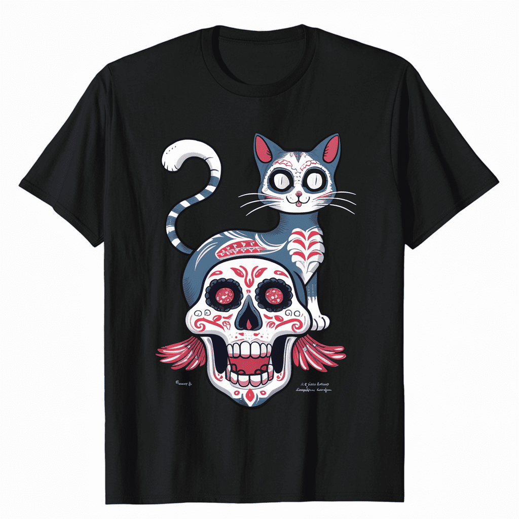 Funny Sugar Skull Calavera Cat Dia de Muertos Halloween Day T-Shirt ...