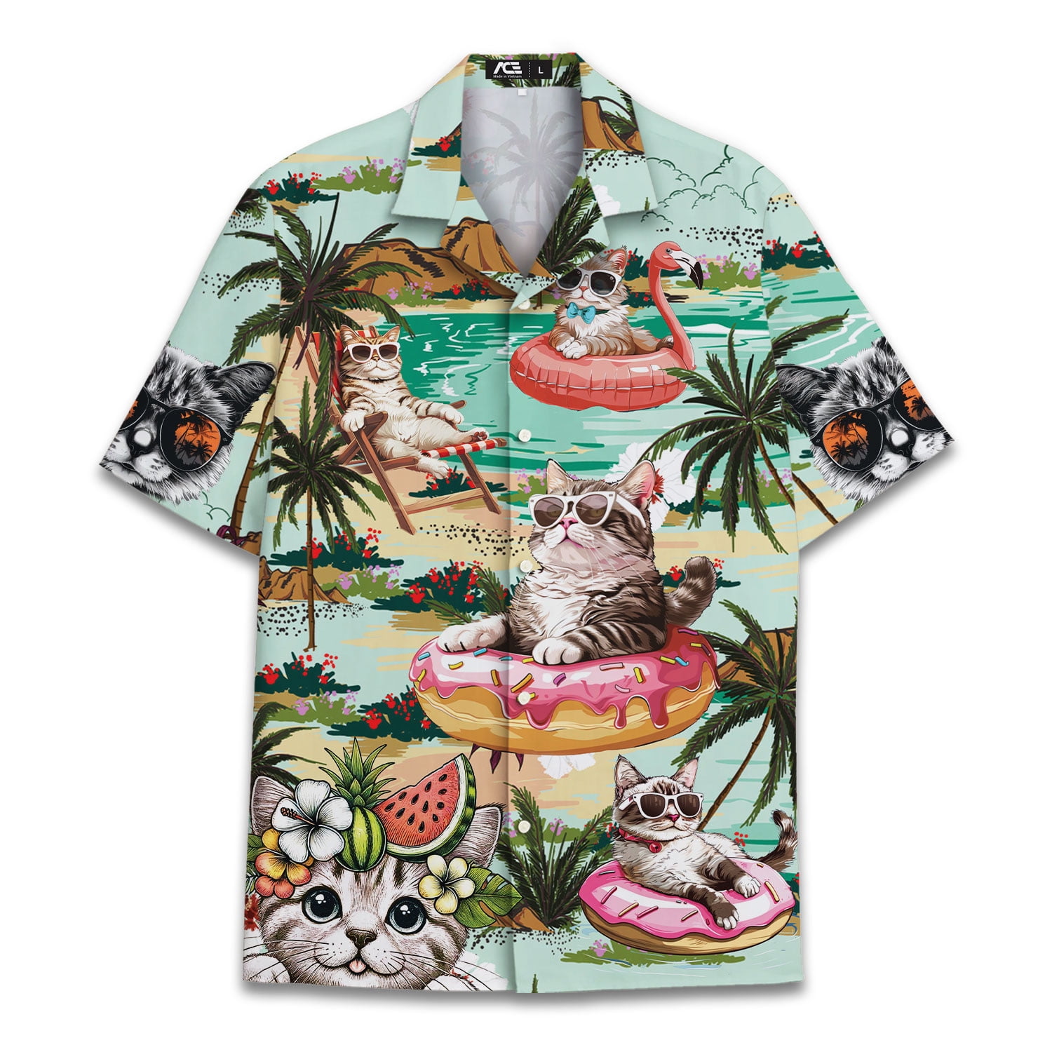 Funny Summer Beach Cat Hawaiian Shirt For Men Vacation Flamingo Donut ...