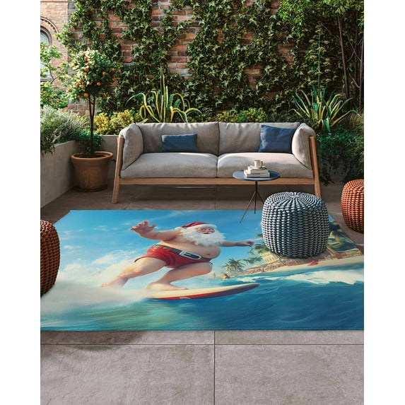 Funny Surfing Outdoor Rug, Santa Claus Unique Summer Ocean Large ...
