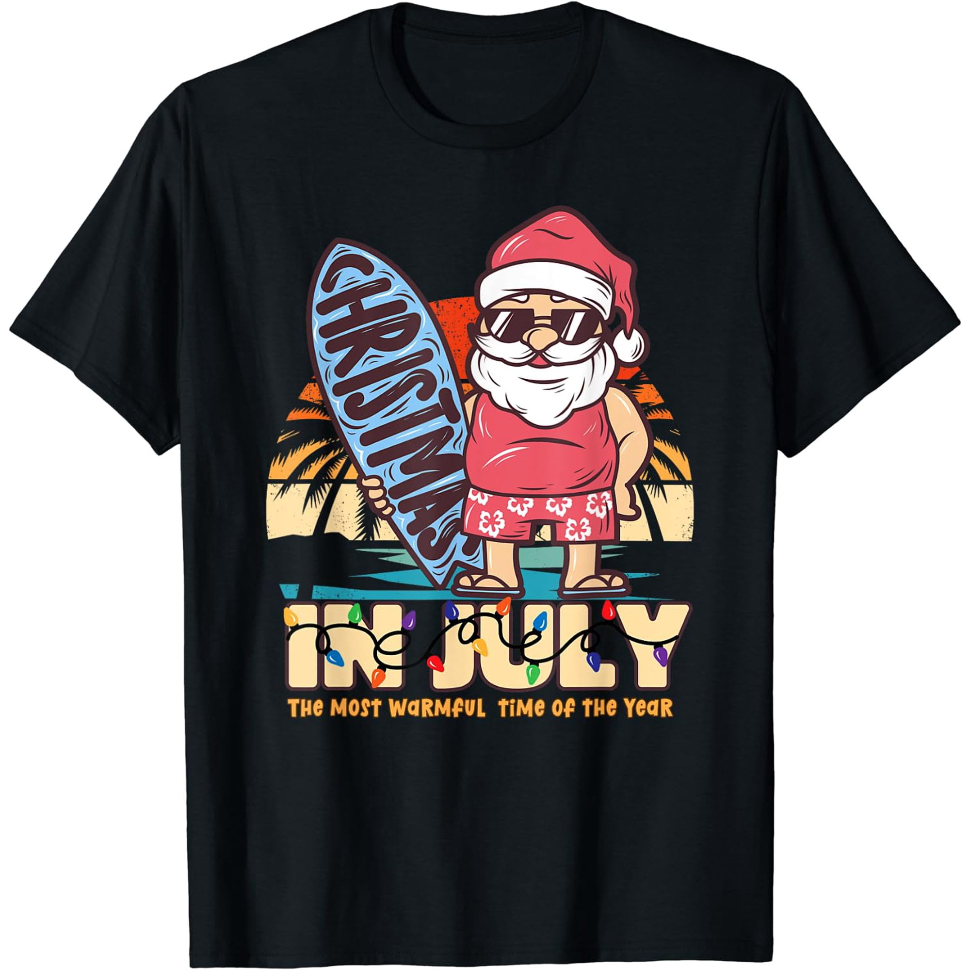 Funny Surfing Santa Christmas in July Men's Black T-Shirt Short Sleeve ...