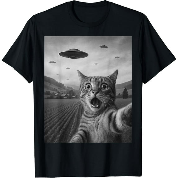 Funny Surprised Sca Cat Selfie with Alien UFO Cat UFO T-Shirt - Walmart.com