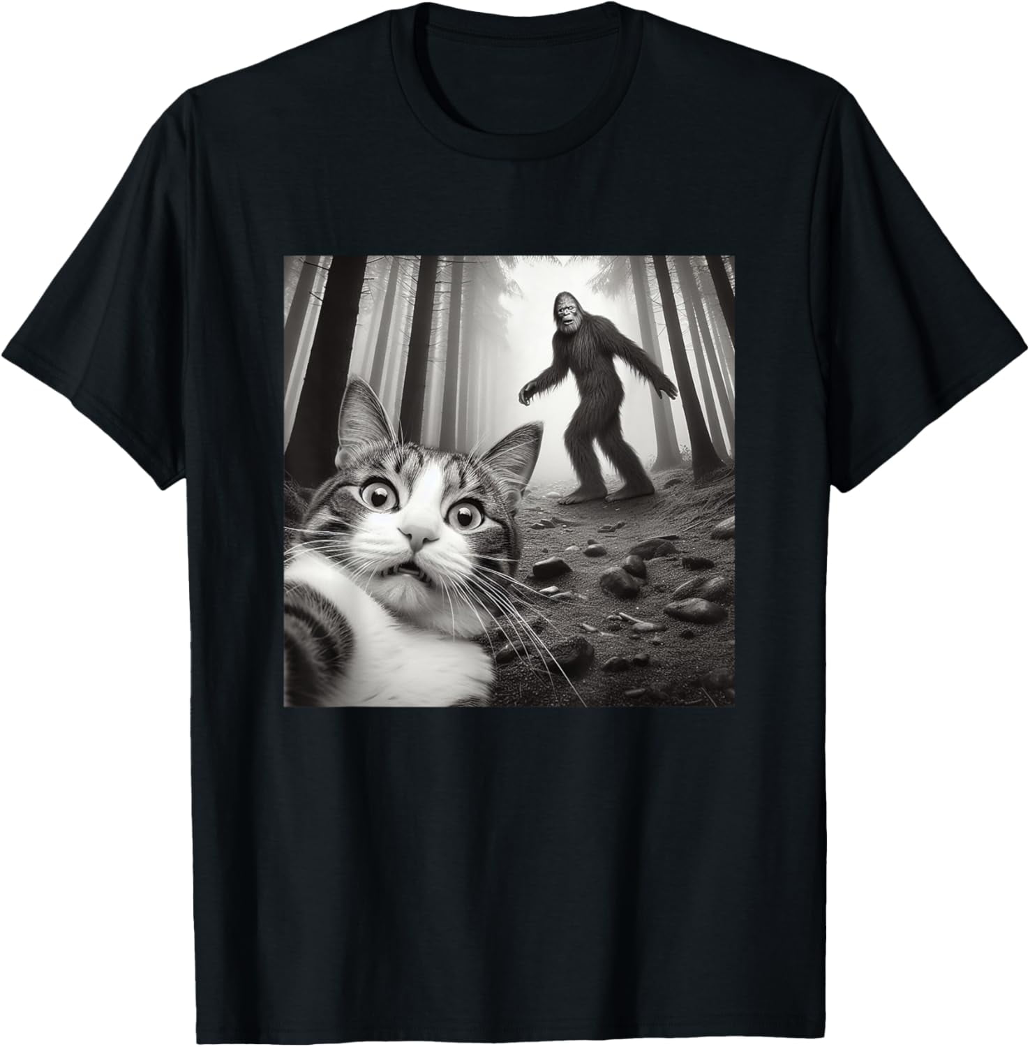 Funny Surprised Scared Cat Selfie With Sasquatsch Bigfoot T-Shirt Tee ...