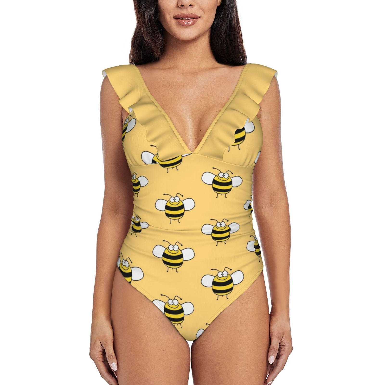 Funny Sweet Baby Bee / Bumble Bee Sexy Black Mesh One Piece Swimsuit Backless Cut Out Swimwear ...