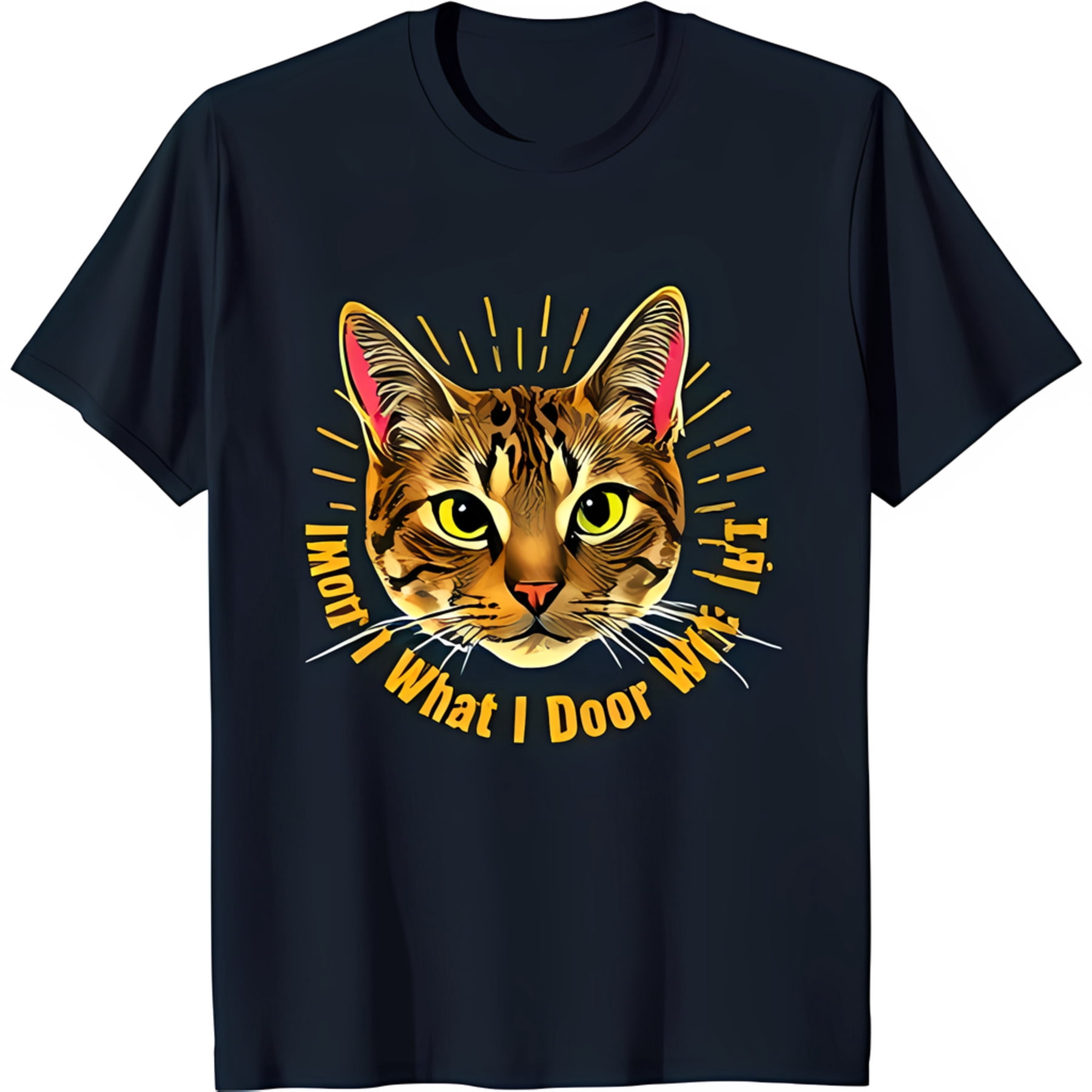 Funny Tabby Cat Face T-Shirt with Green Eyes & Pink Nose 'Mort I What I ...