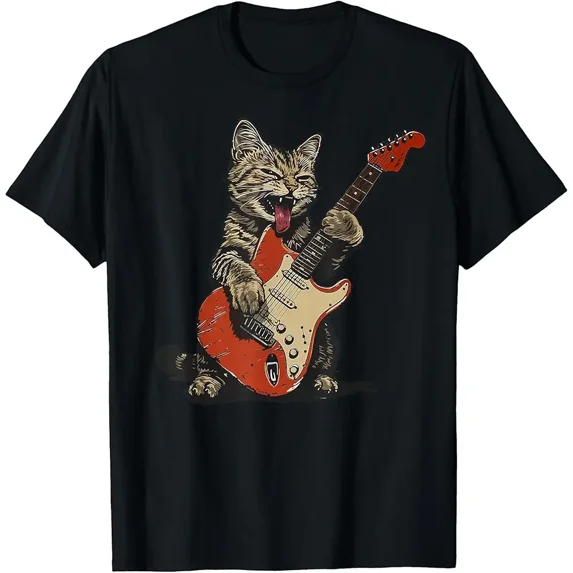 Funny Tabby Cat Playing Electric Guitar for Musicians Unisex Cotton ...