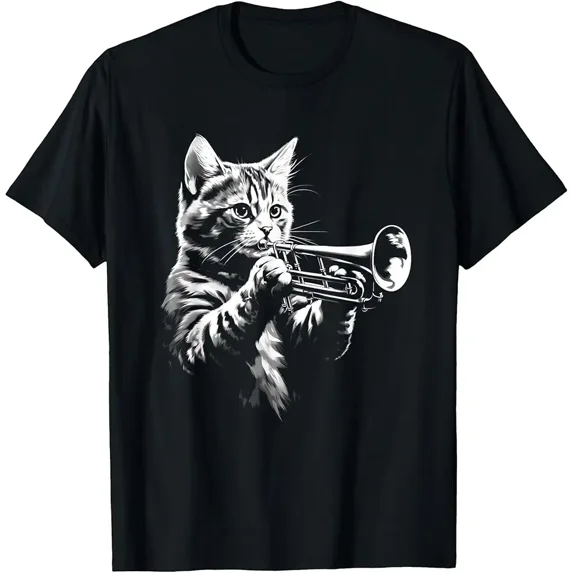 Funny Tabby Cat Playing Trumpet Jazz Musician Unisex Graphic T-Shirt ...