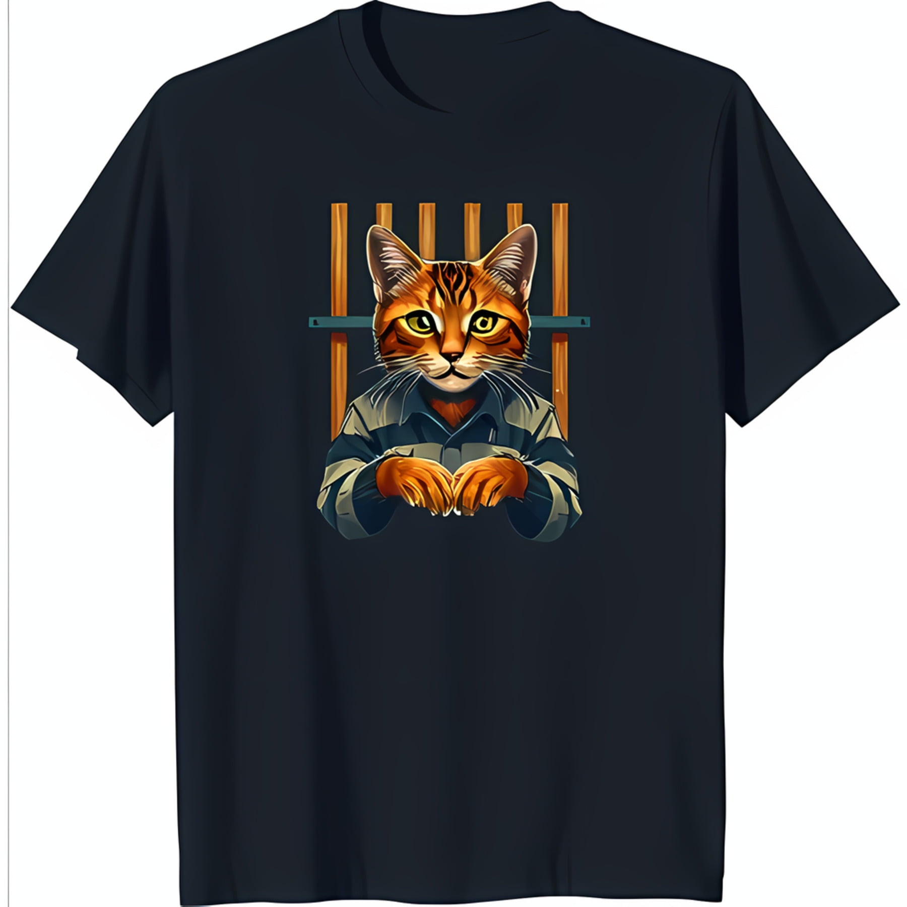 Funny Tabby Cat in Prison Cell T-Shirt Cute Inmate Design on Dark Blue ...