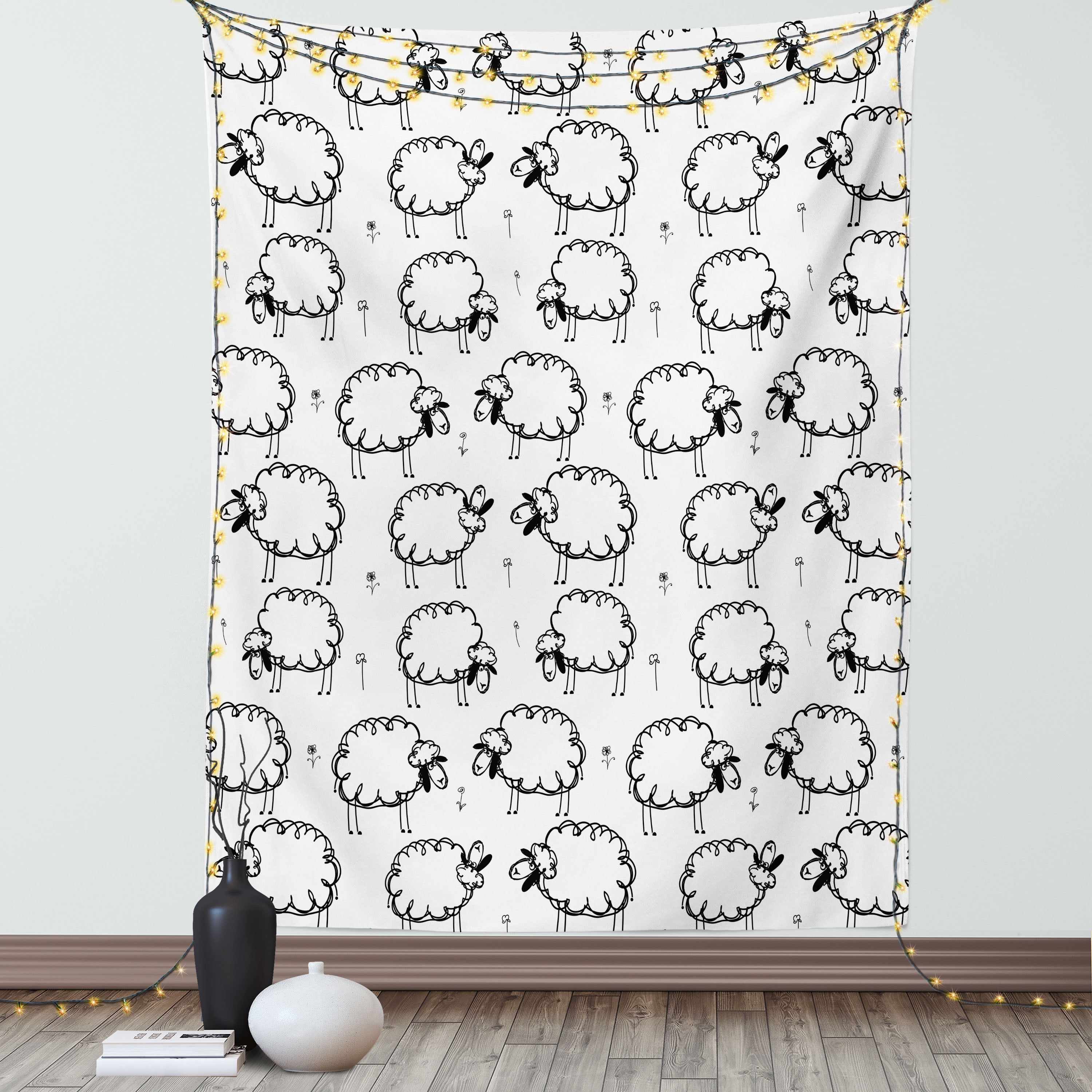 Funny Tapestry, Funny Sheep Patterns on Meadow with Flower Comic Doodle ...