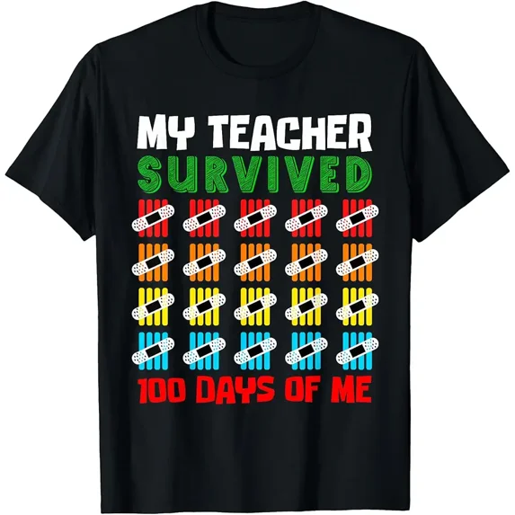 Funny Teacher Survived 100 Days Tally Mark Unisex Cotton Short Sleeve ...