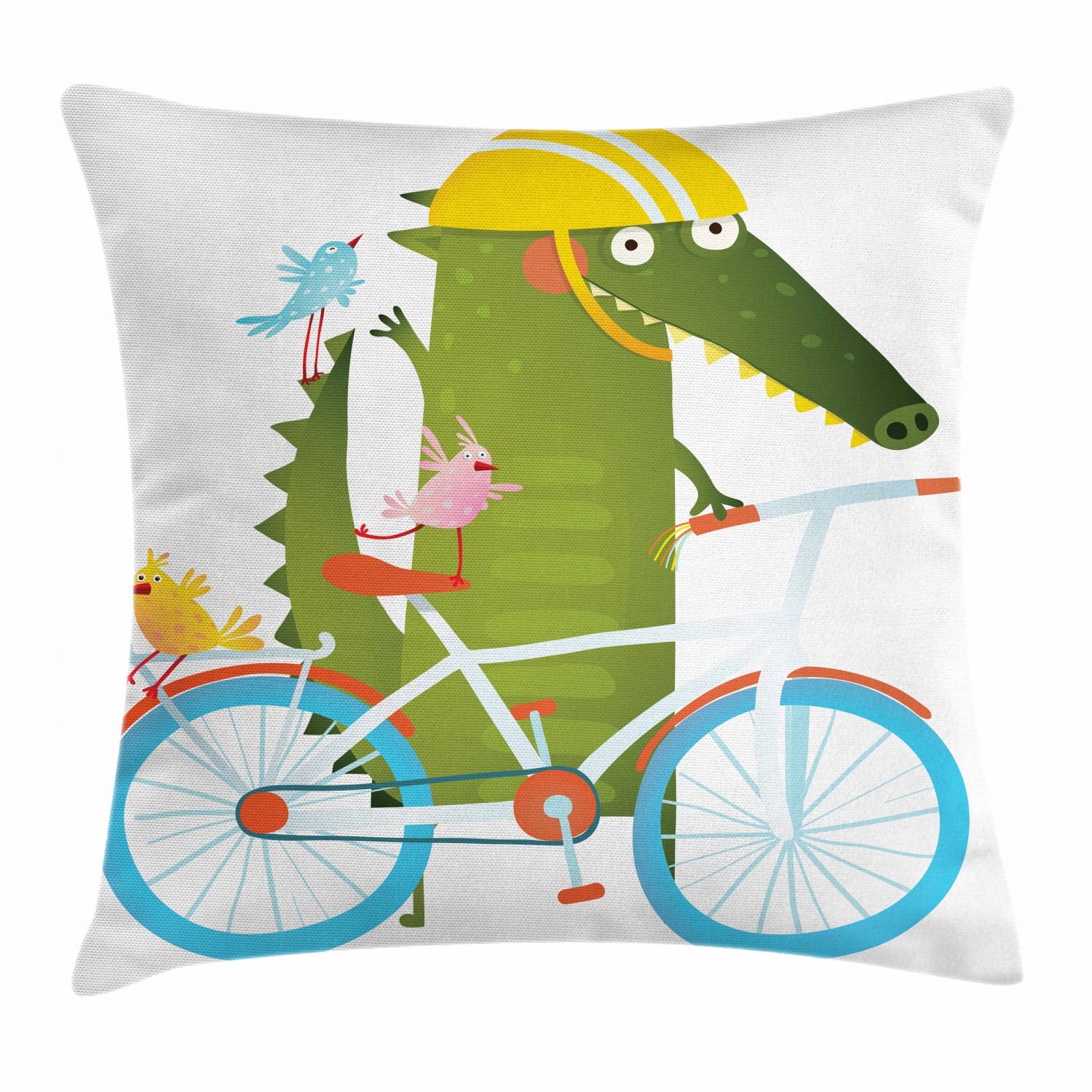 Funny Throw Pillow Cushion Cover, Green Crocodile in Helmet Going for a ...