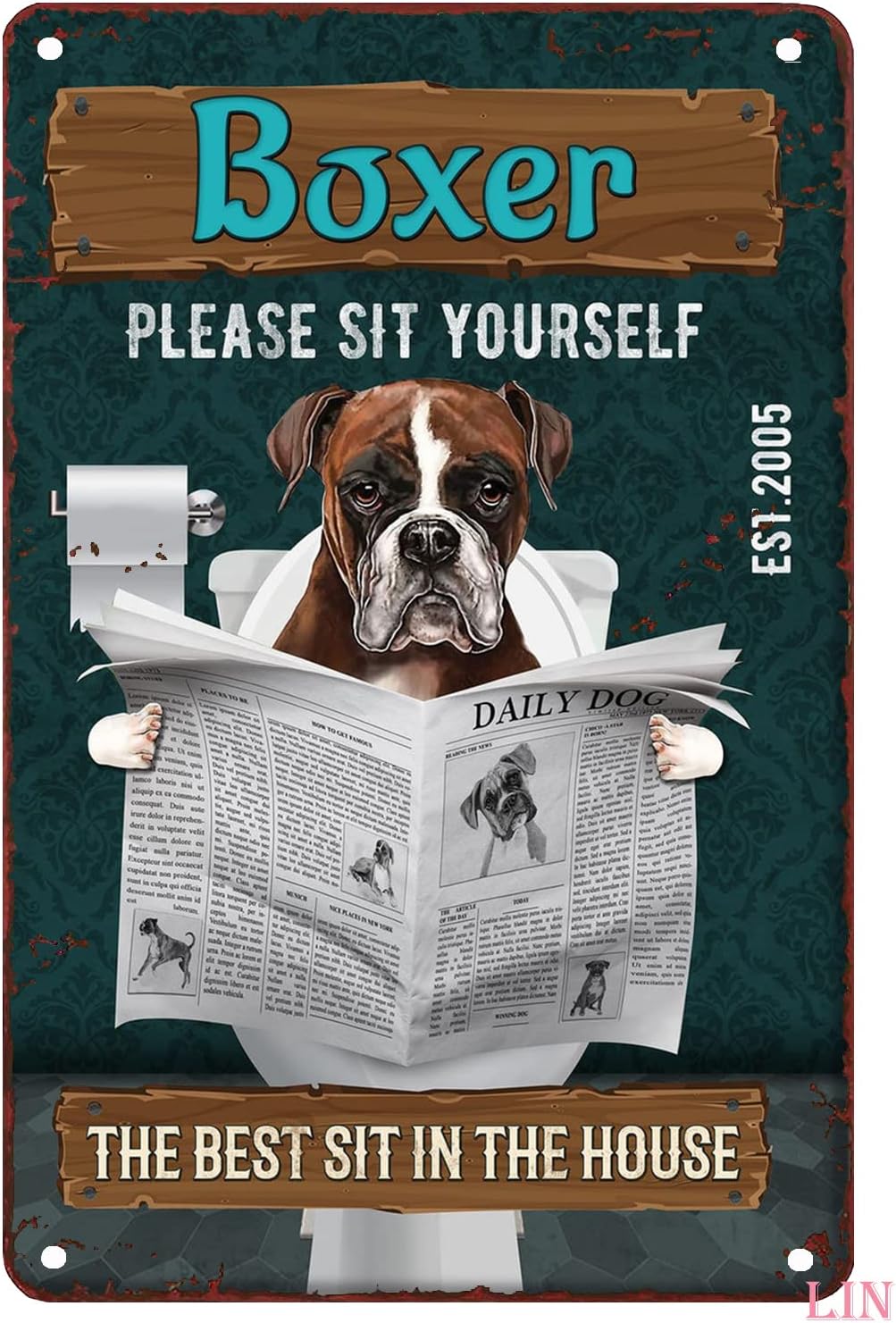 Funny Tin Bathroom Signs Boxer Dog Please Sit Yourself Toilet Scene ...