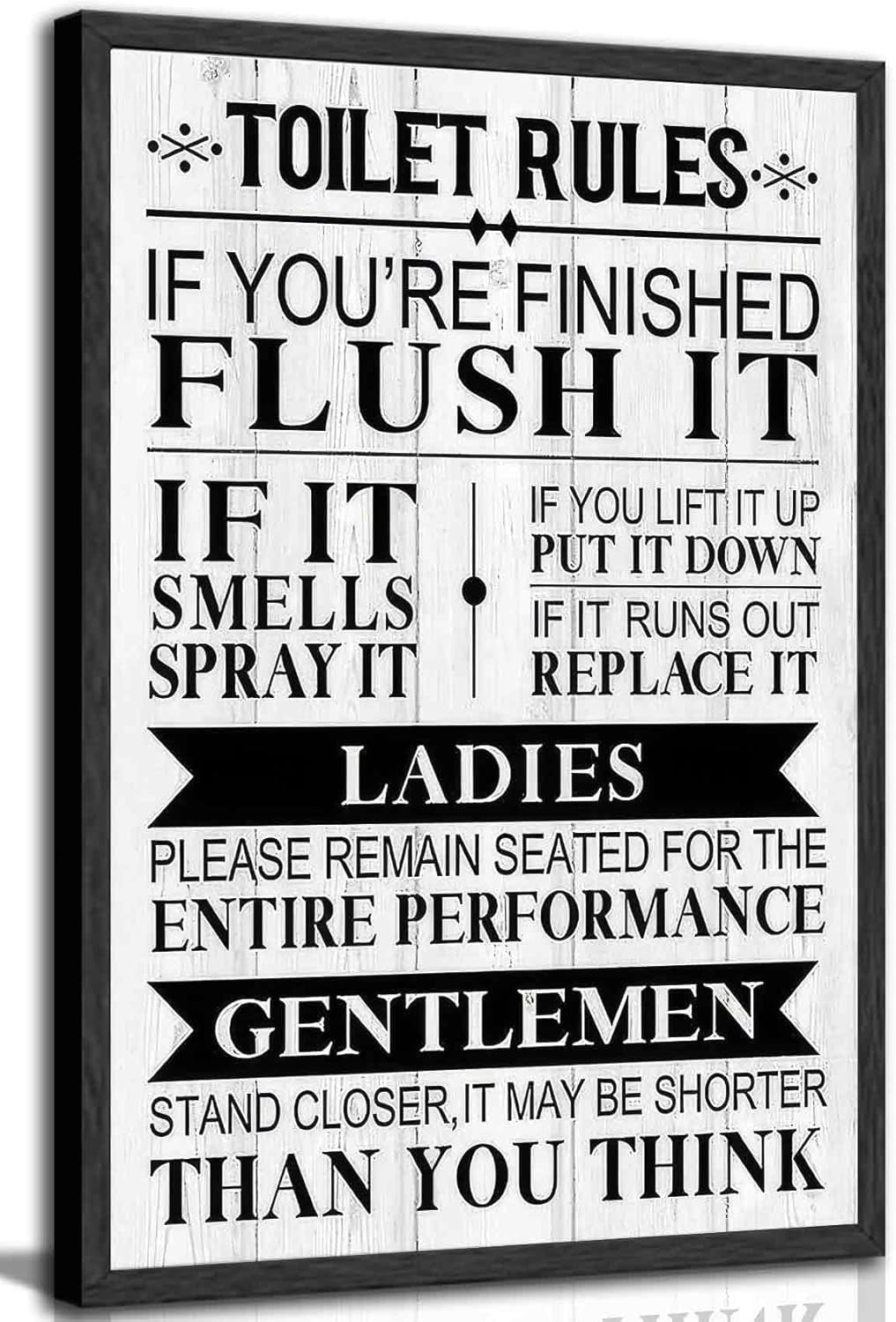 Funny Toilet Rules Quotes Canvas Wall Art Black and White Humor ...