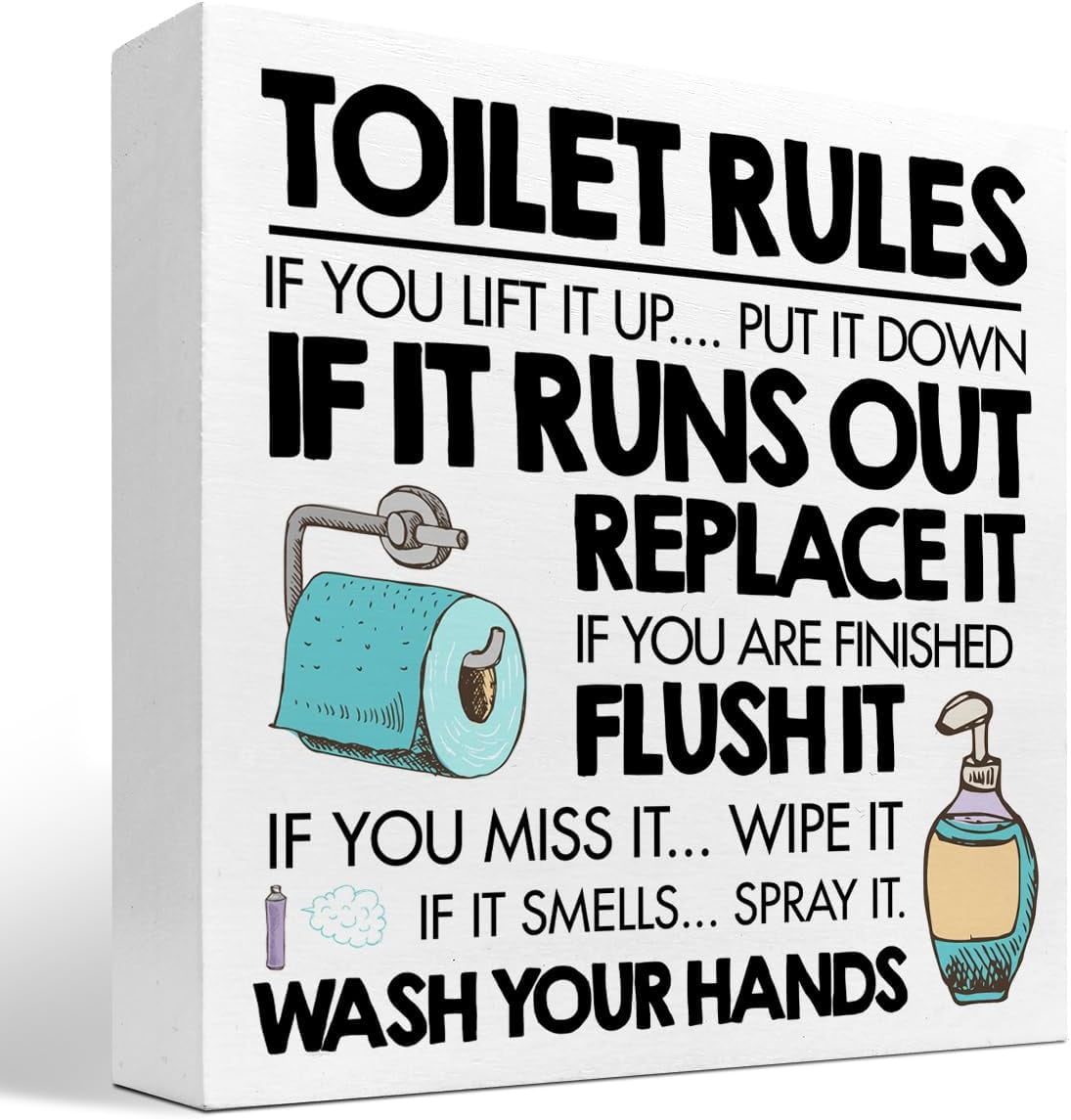 Funny Toilet Sign,Toilet Rules Wood Block Box Plaque Sign For Bathroom ...