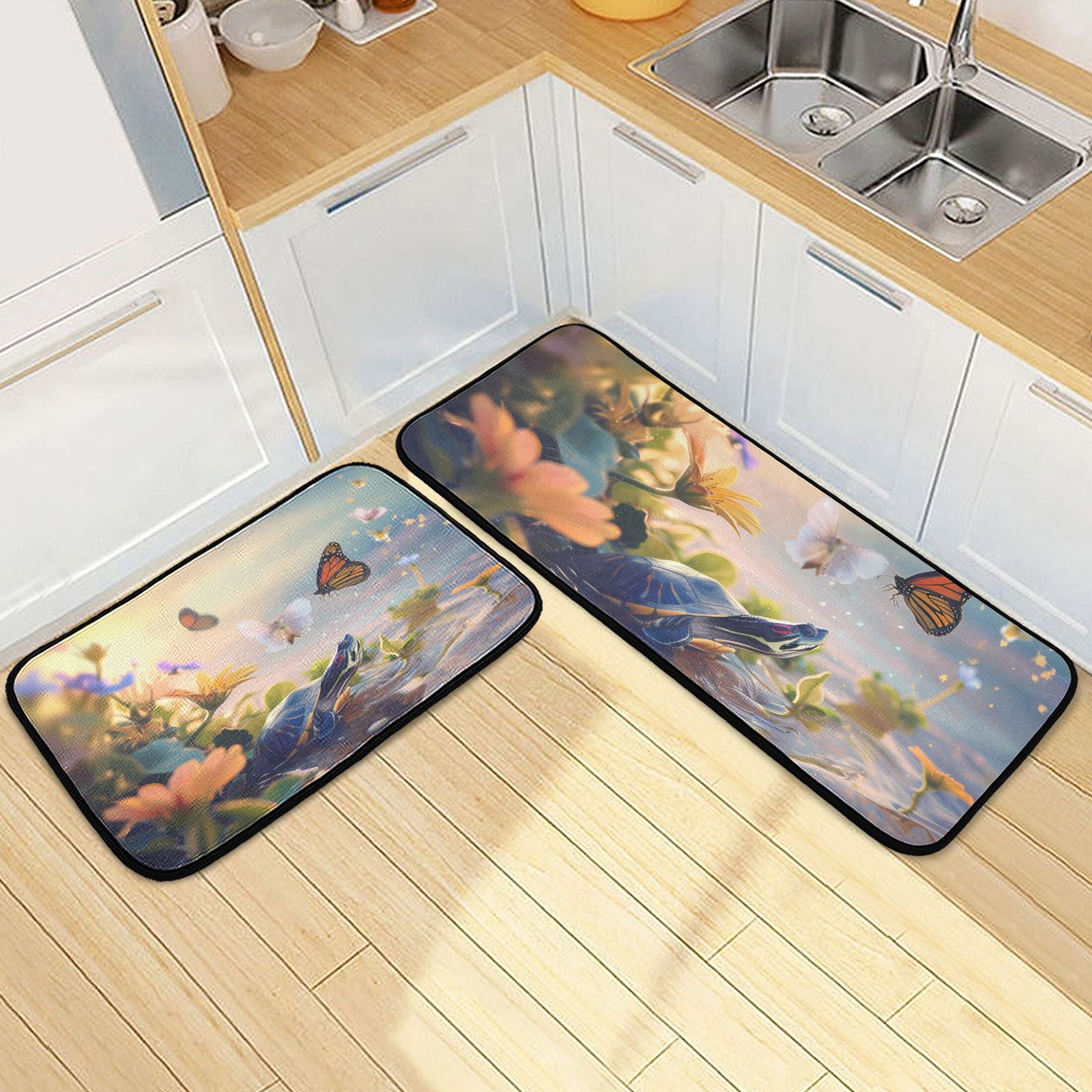 Funny Turtle and Butterfly Kitchen Rugs Set of 2 Non Slip Floor Foam ...