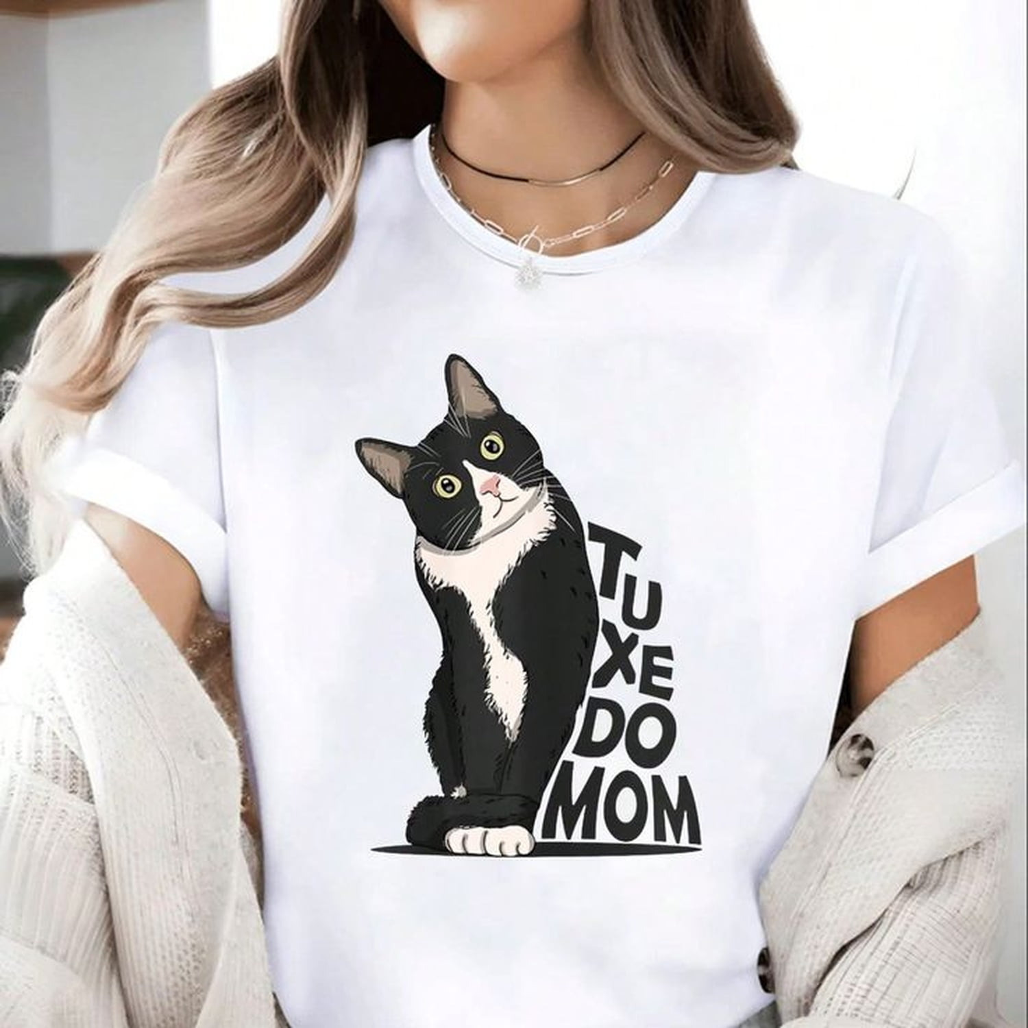 Funny Tuxedo C1At Mom Black And White Cute Kitten Crew Neck S1Hort eeve ...