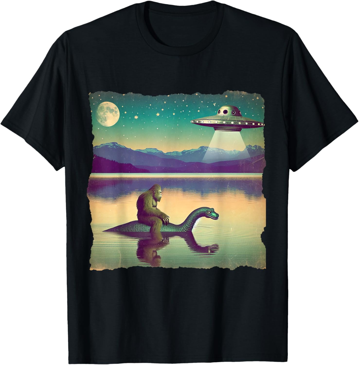 Funny UFO Bigfoot Riding Loch Ness Monster. Bigfoot And UFO T-Shirt ...