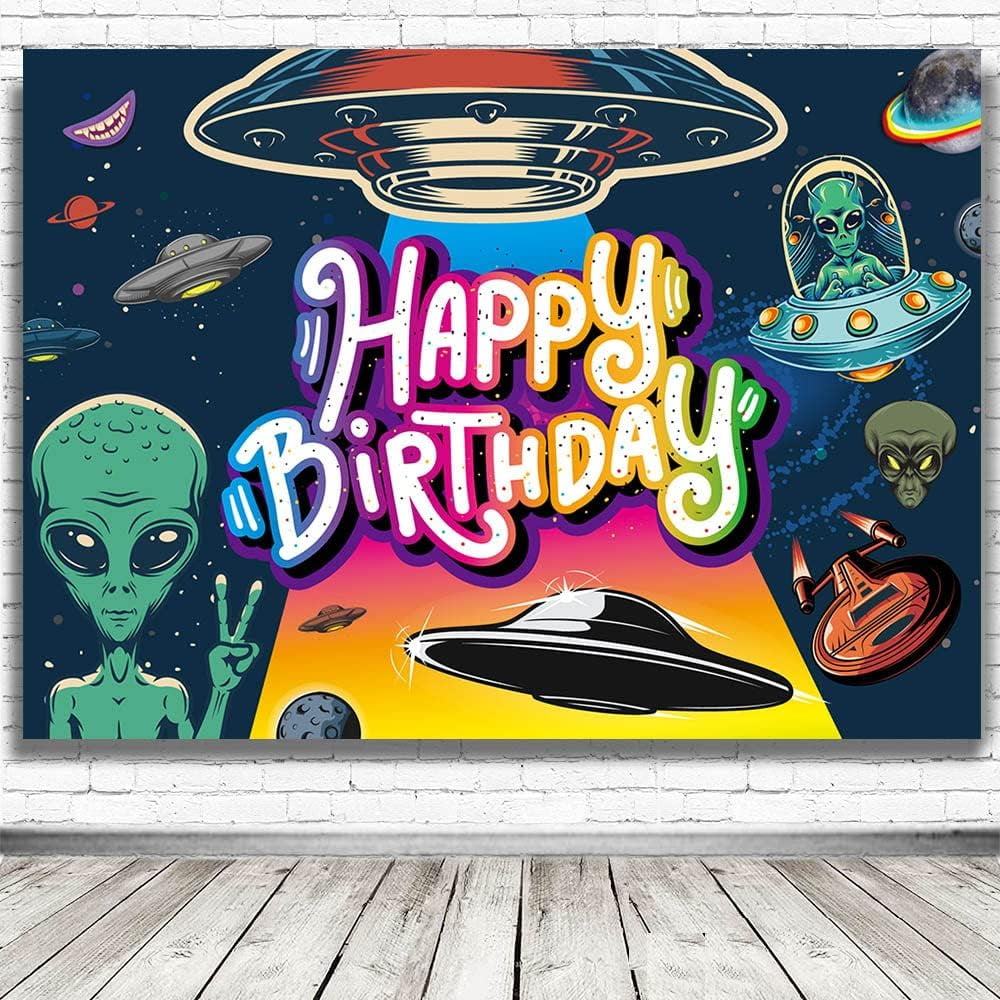Funny UFO Happy Birthday Decorations Backdrop, Outer Space Universe ...