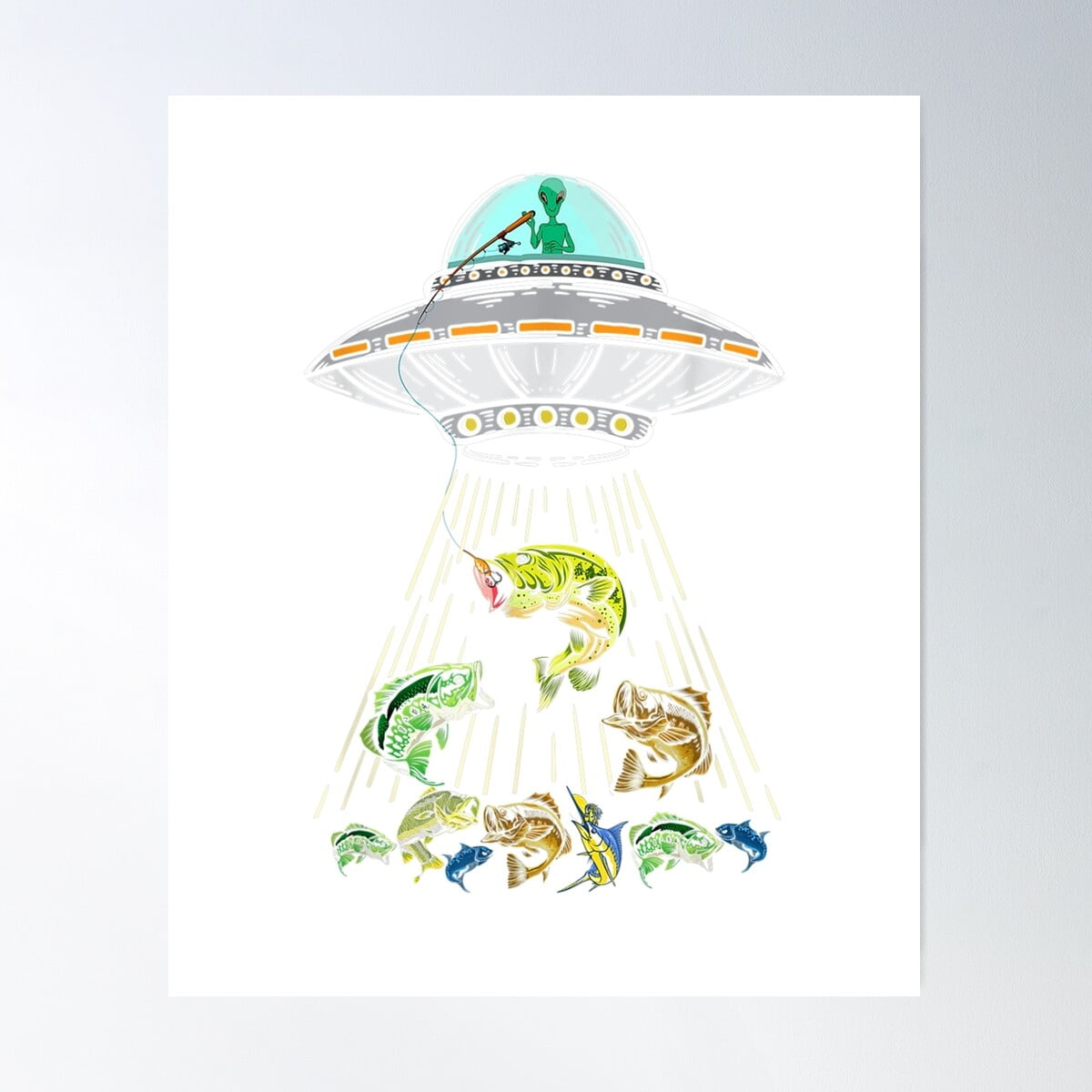 Funny Ufo Alien Fishing Fish Poster Wall Art, Modern Wall Decor For ...