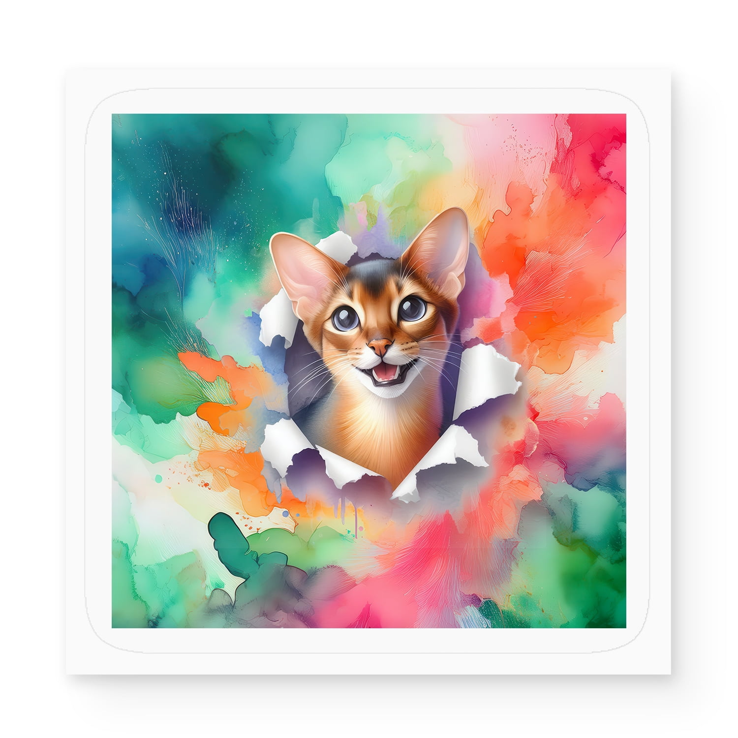 Funny Watercolor Adorable Abyssinian Peeking Through Torn Paper Effect ...