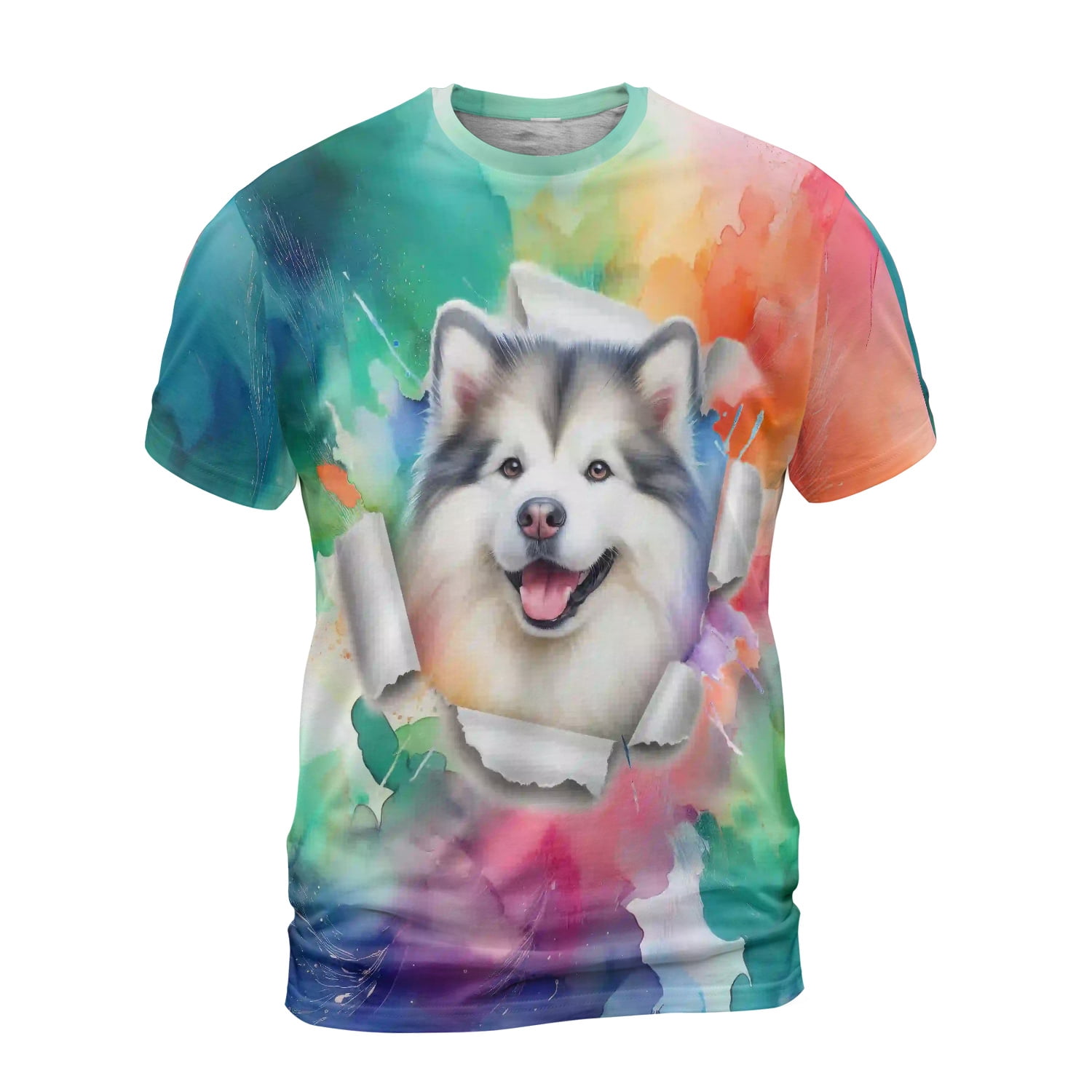 Funny Watercolor Adorable Alaskan Malamute Peeking Through Torn Paper ...