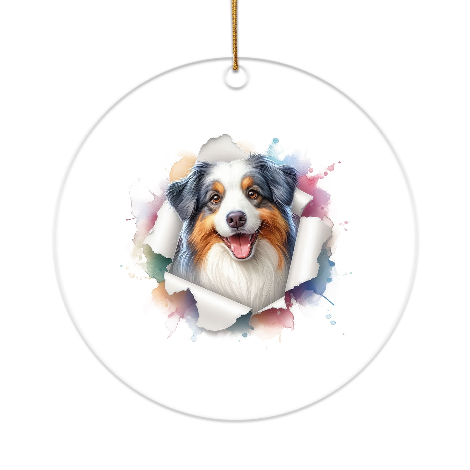 Funny Watercolor Adorable Australian Shepherd Peeking Through Torn ...