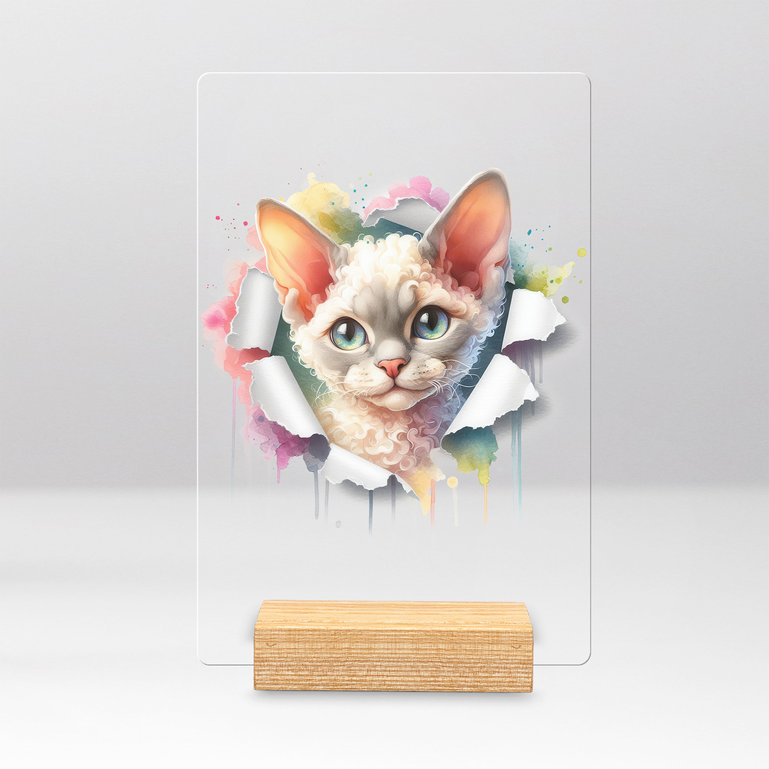 Funny Watercolor Adorable Devon Rex Peeking Through Torn Paper Effect ...