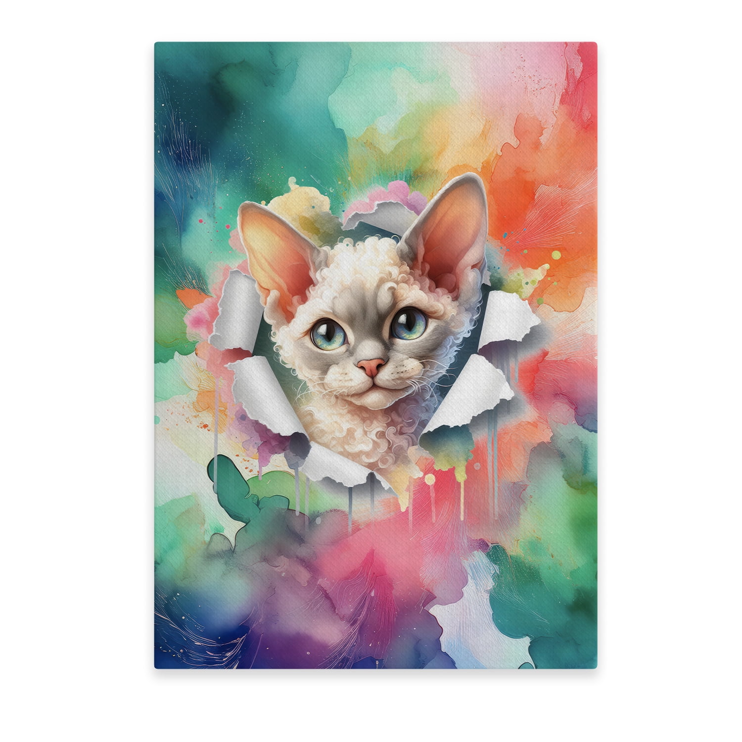 Funny Watercolor Adorable Devon Rex Peeking Through Torn Paper Effect Vertical Matte Canvas ...