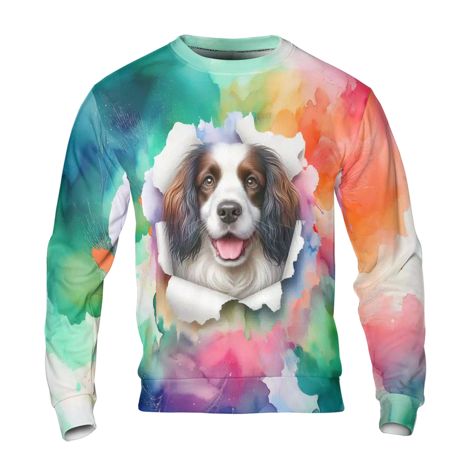 Funny Watercolor Adorable English Springer Spaniel Peeking Through Torn ...