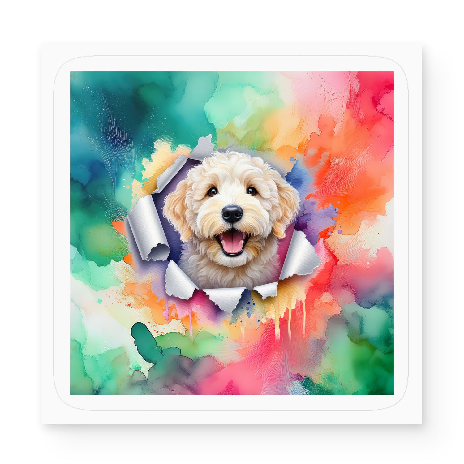 Funny Watercolor Adorable Goldendoodle Peeking Through Torn Paper ...