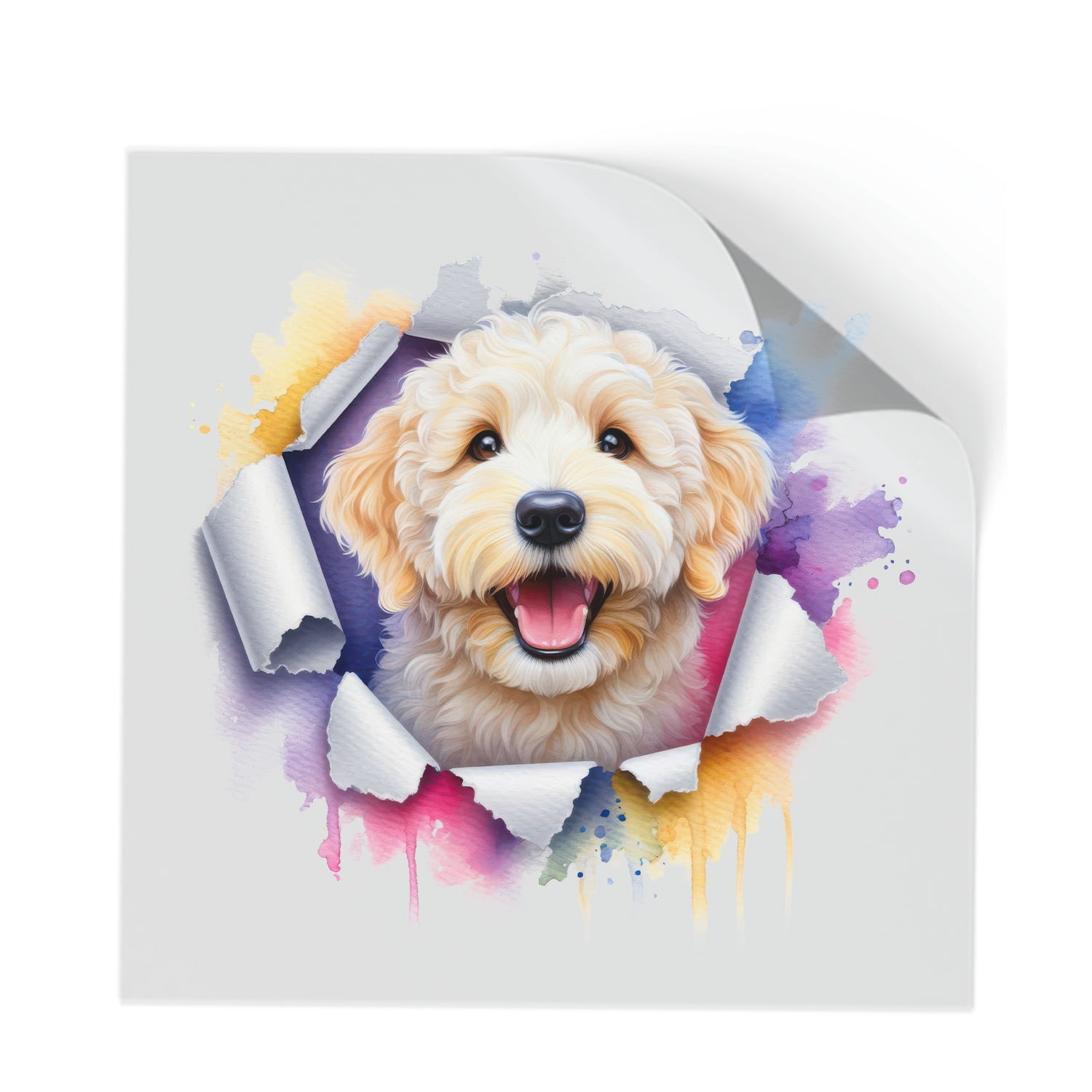 Funny Watercolor Adorable Goldendoodle Peeking Through Torn Paper ...