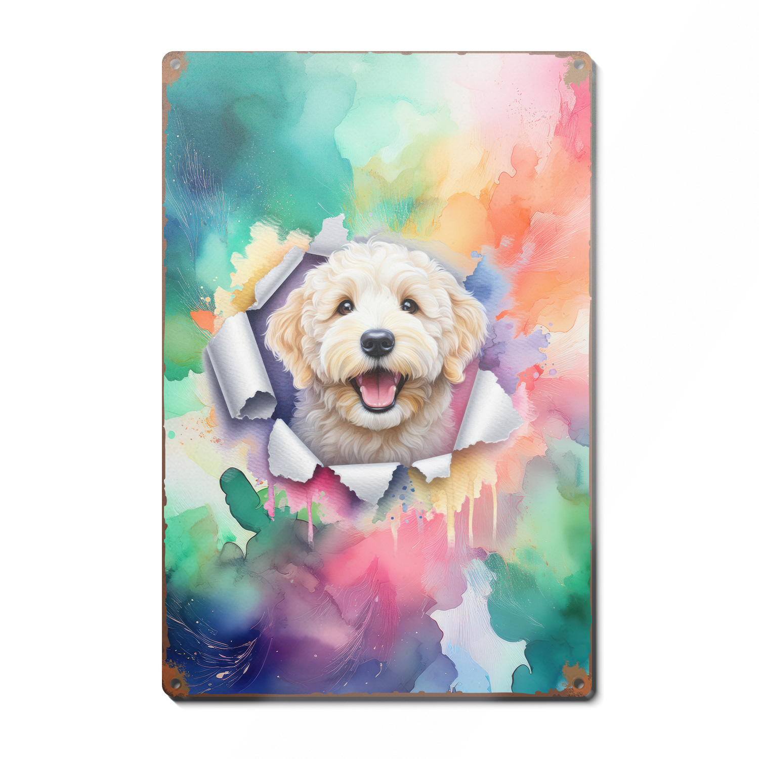 Funny Watercolor Adorable Goldendoodle Peeking Through Torn Paper ...