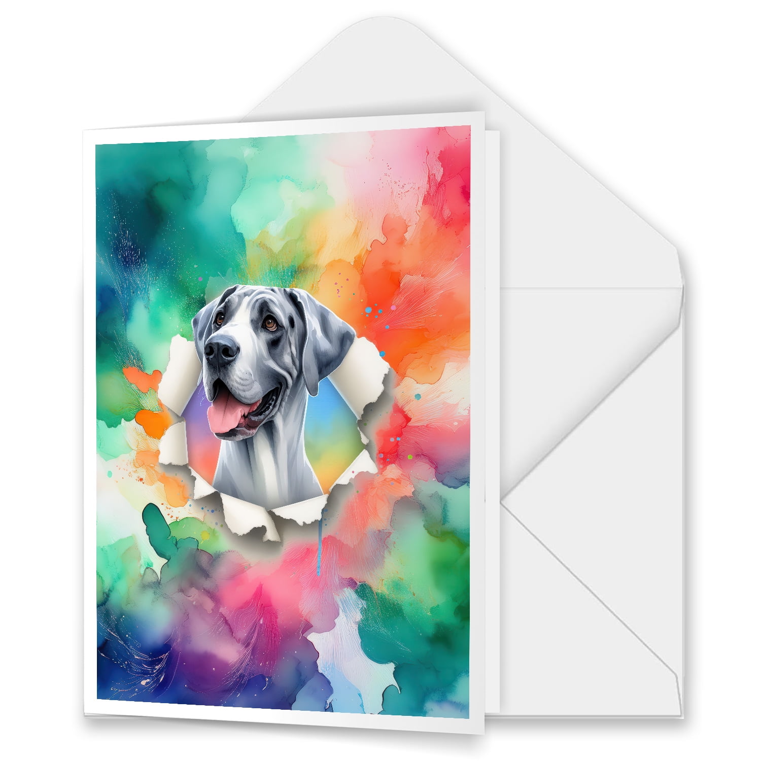 Funny Watercolor Adorable Great Dane Peeking Through Torn Paper Effect 5x7in Folded Greeting ...