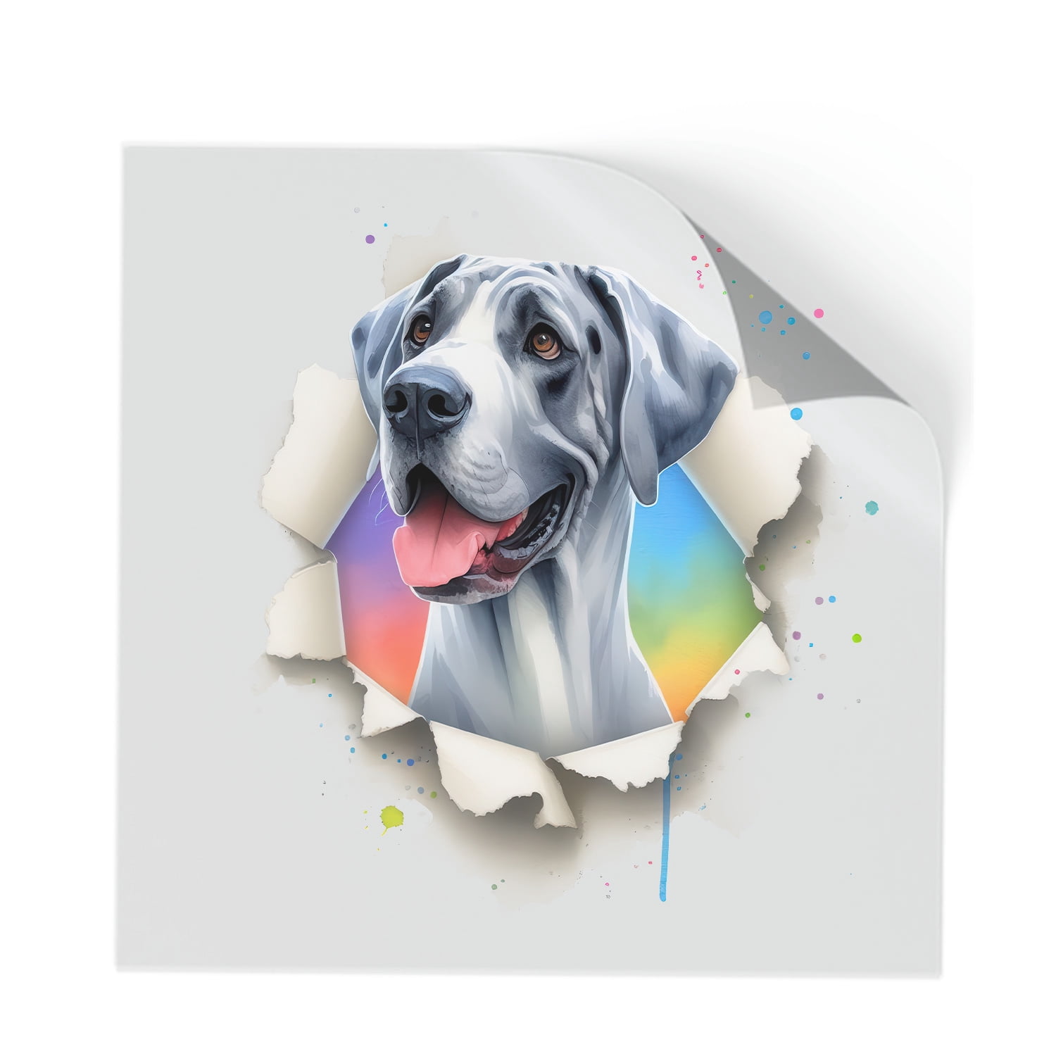 Funny Watercolor Adorable Great Dane Peeking Through Torn Paper Effect ...