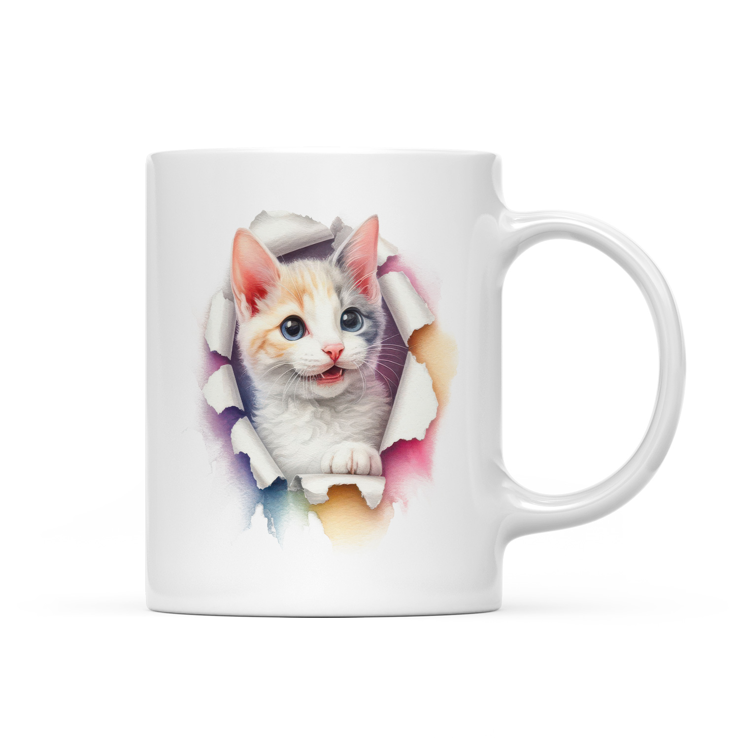 Funny Watercolor Adorable Manx Peeking Through Torn Paper Effect Mug ...