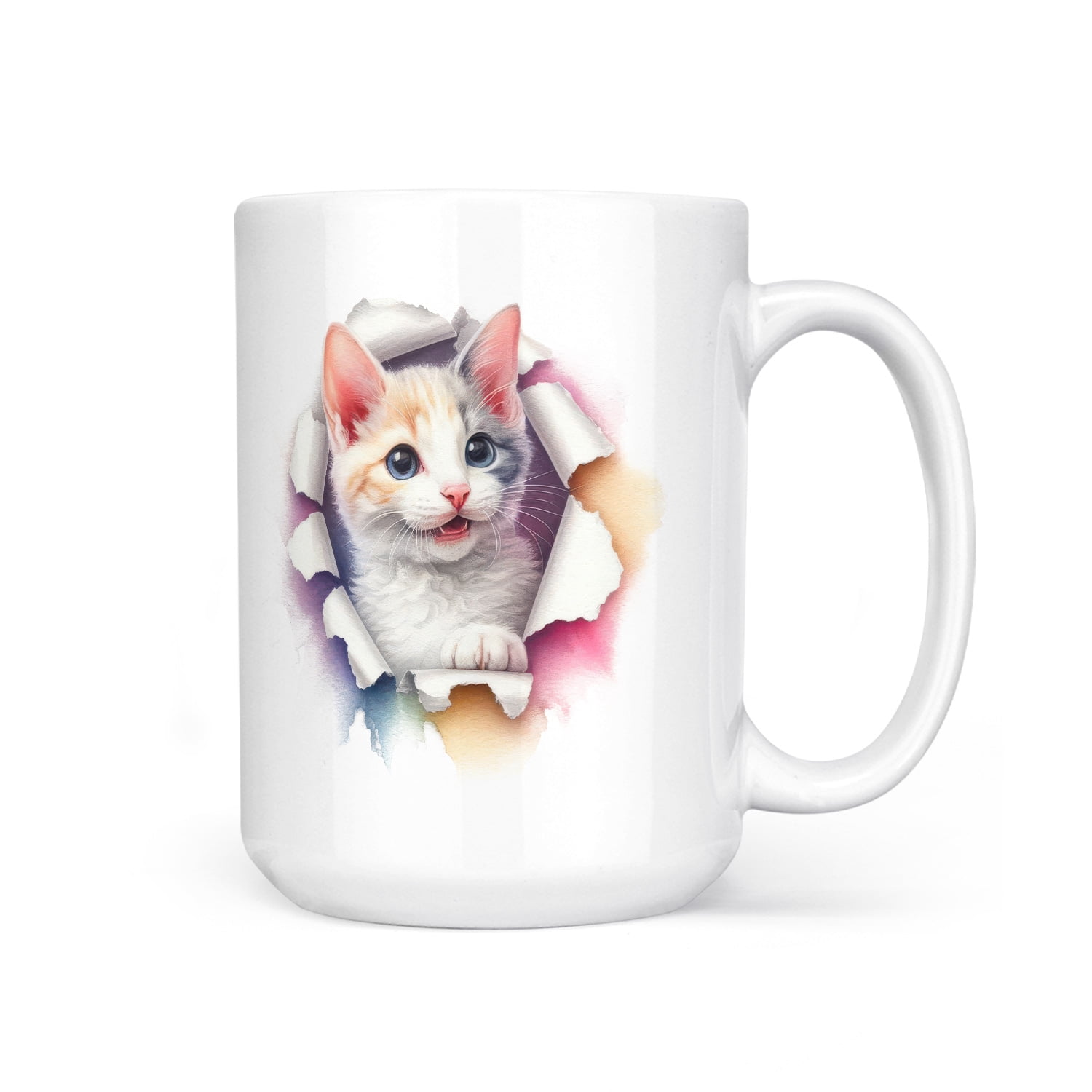 Funny Watercolor Adorable Manx Peeking Through Torn Paper Effect Mug ...