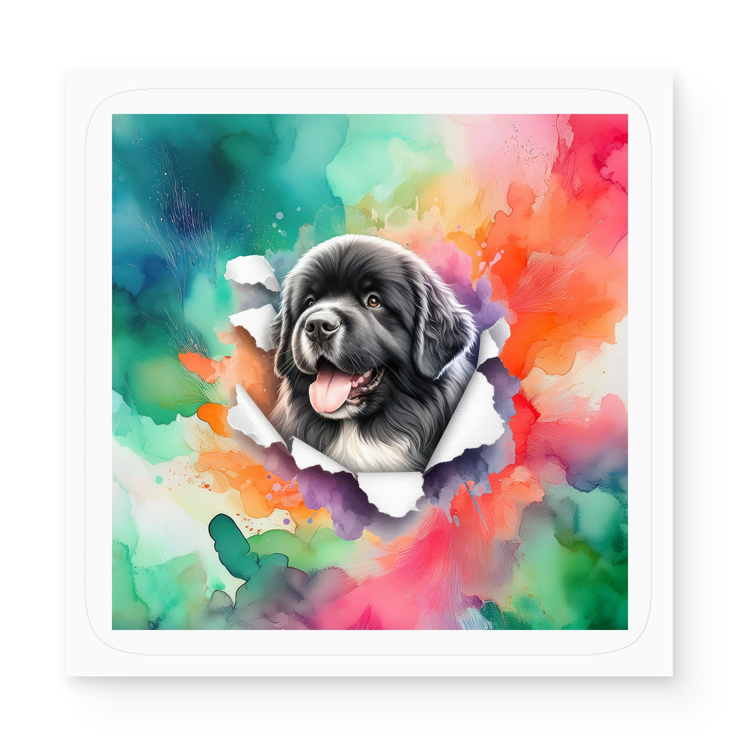 Funny Watercolor Adorable Newfoundland Peeking Through Torn Paper ...