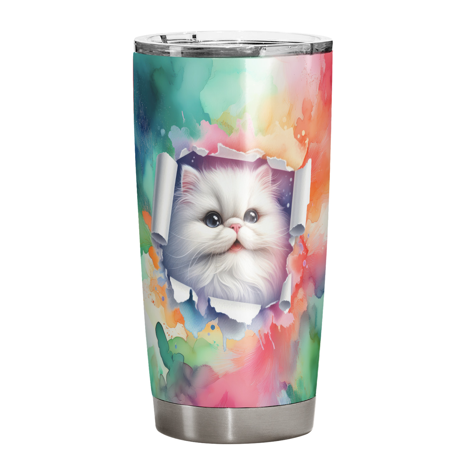 Funny Watercolor Adorable Persian Peeking Through Torn Paper Effect ...