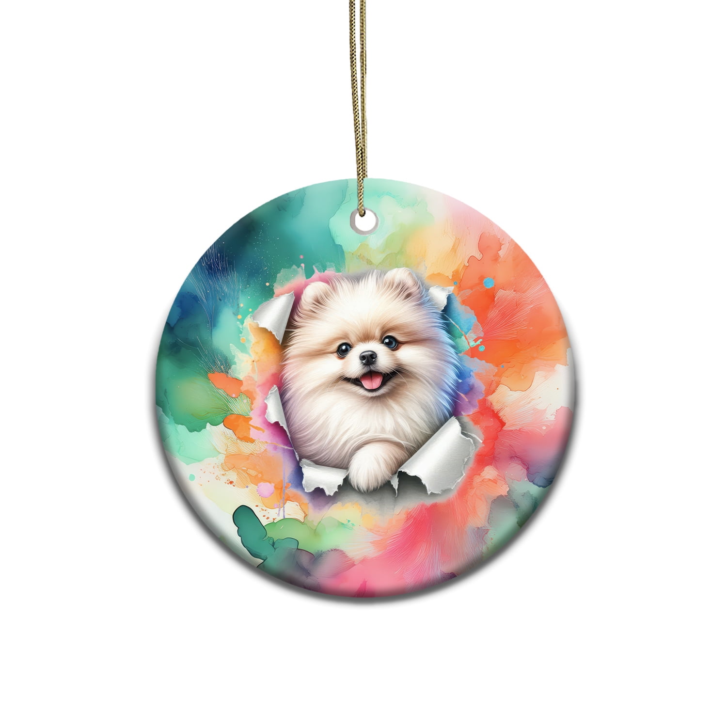 Funny Watercolor Adorable Pomeranian Peeking Through Torn Paper Effect ...