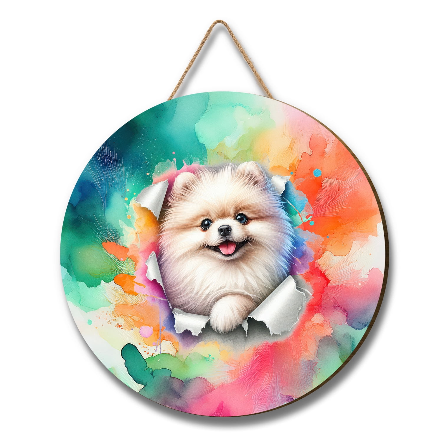 Funny Watercolor Adorable Pomeranian Peeking Through Torn Paper Effect ...