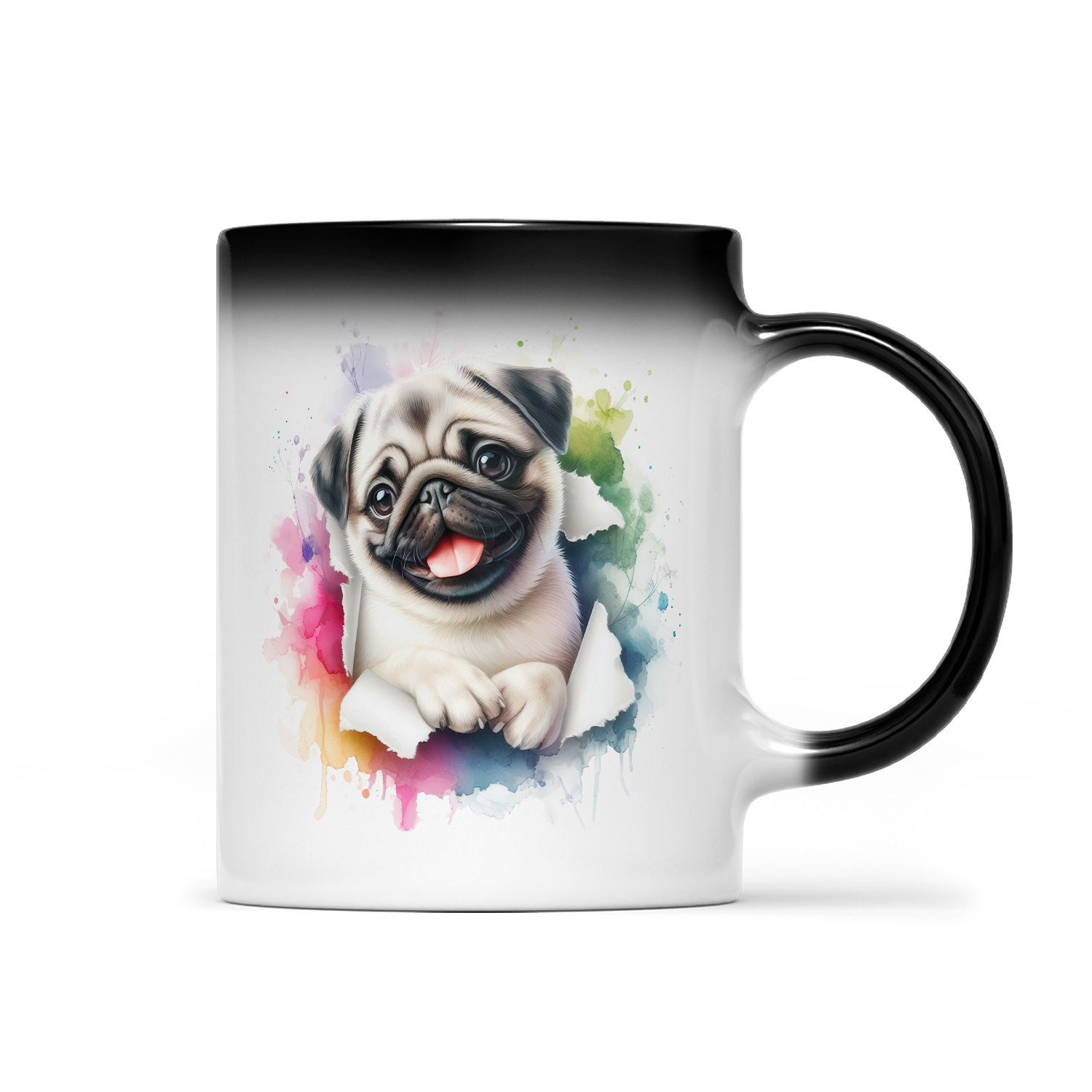 Funny Watercolor Adorable Pug Peeking Through Torn Paper Effect Heat ...