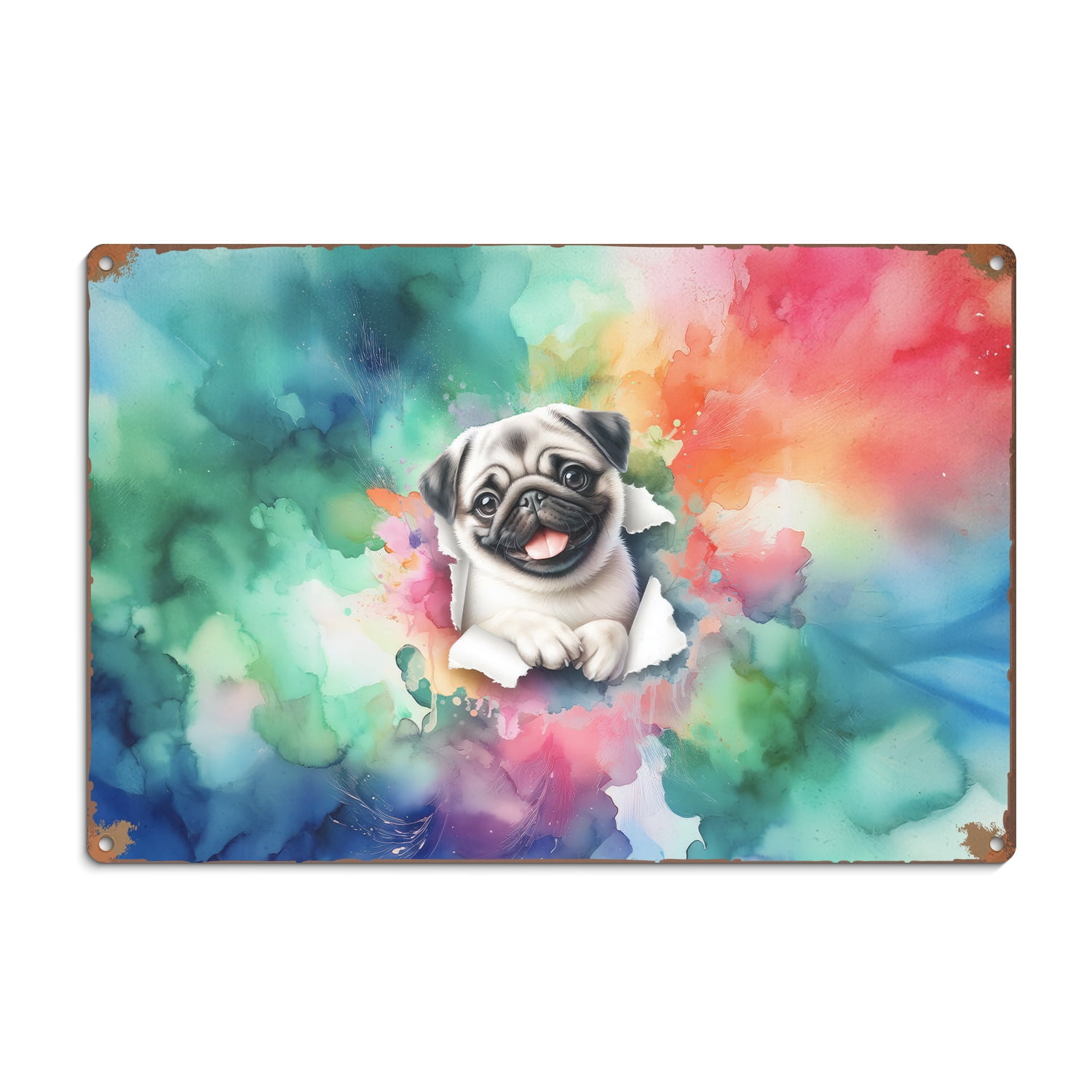 Funny Watercolor Adorable Pug Peeking Through Torn Paper Effect ...