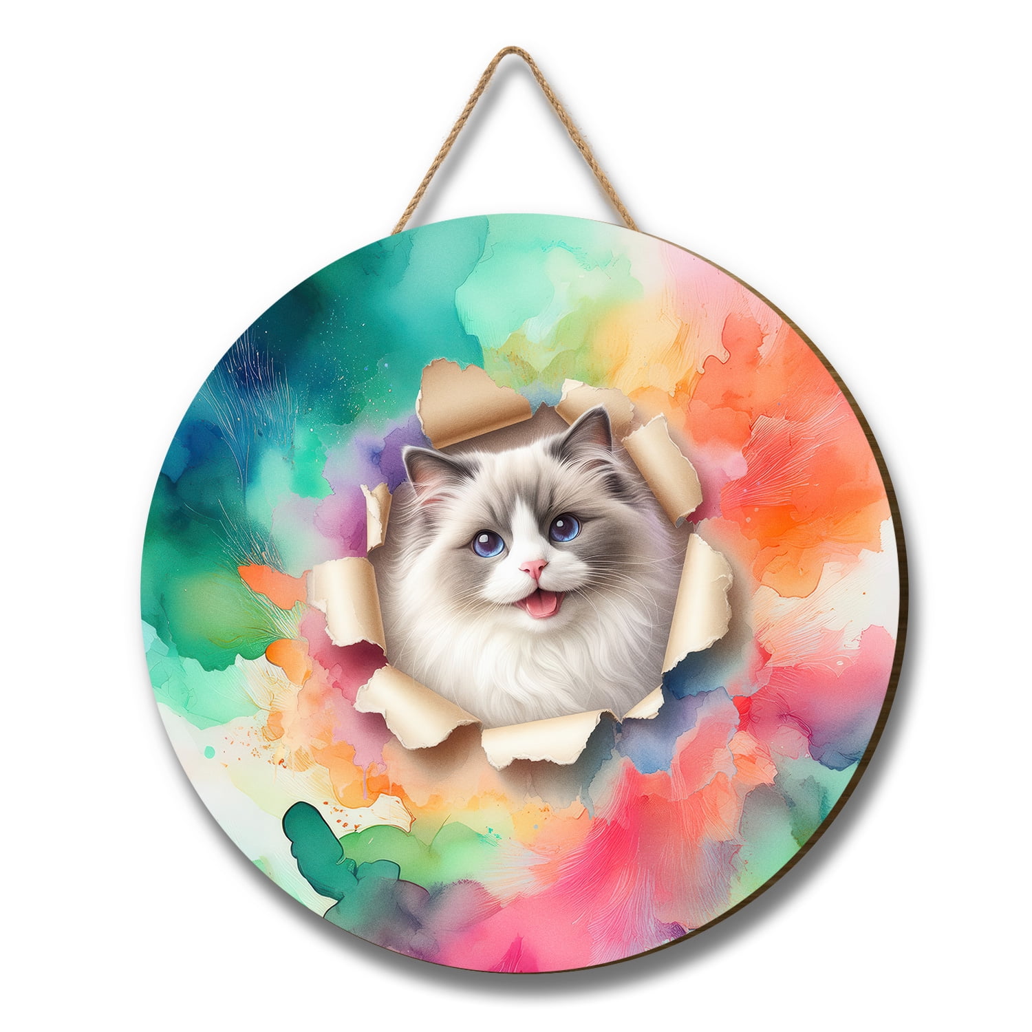 Funny Watercolor Adorable Ragdoll Peeking Through Torn Paper Effect ...