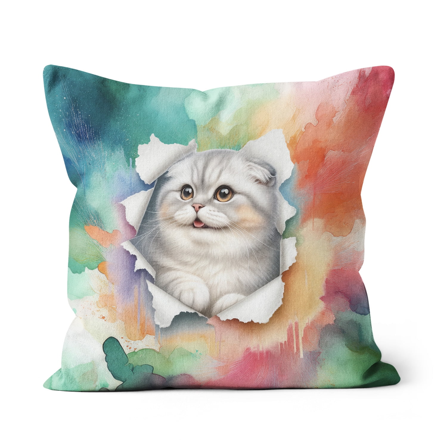 Funny Watercolor Adorable Scottish Fold Peeking Through Torn Paper ...