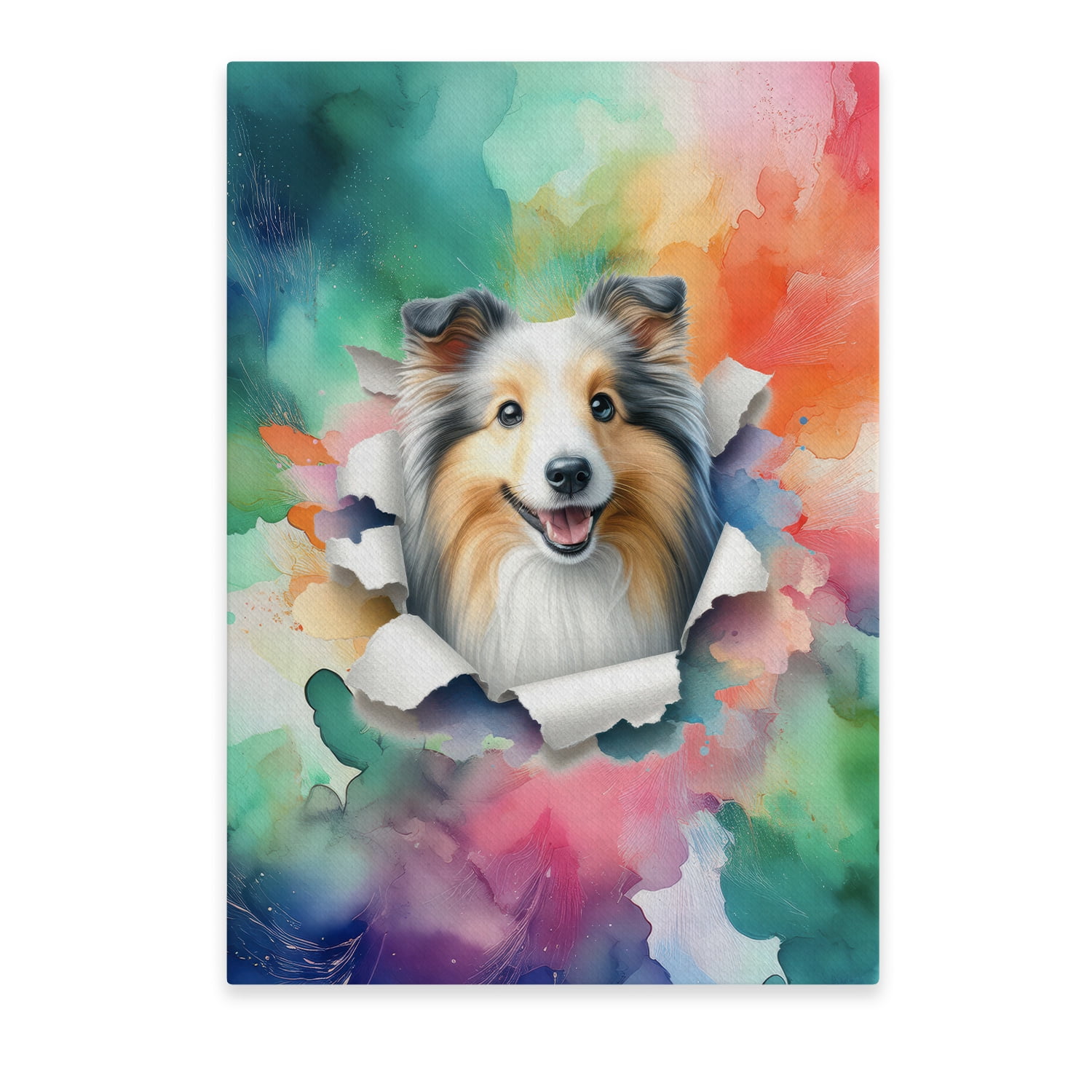 Funny Watercolor Adorable Shetland Sheepdog Peeking Through Torn Paper ...