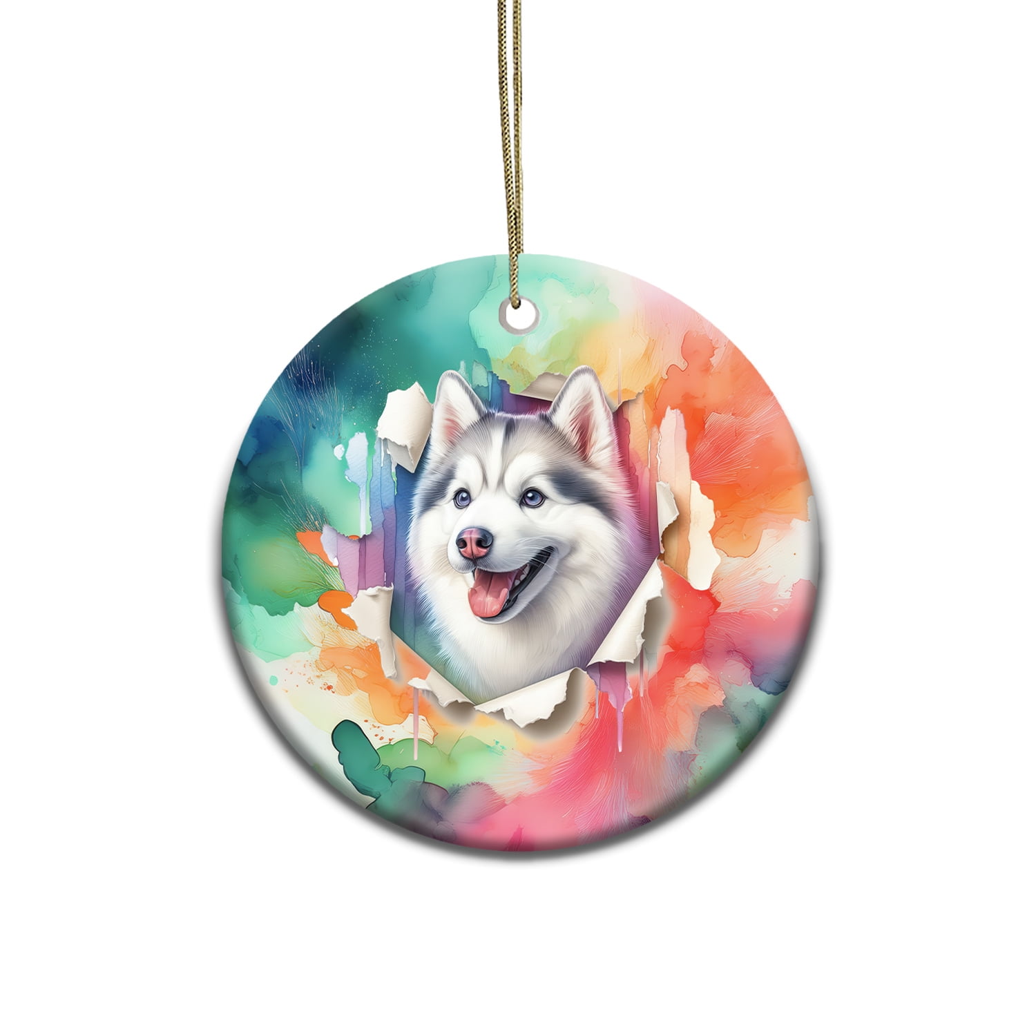 Funny Watercolor Adorable Siberian Husky Peeking Through Torn Paper ...