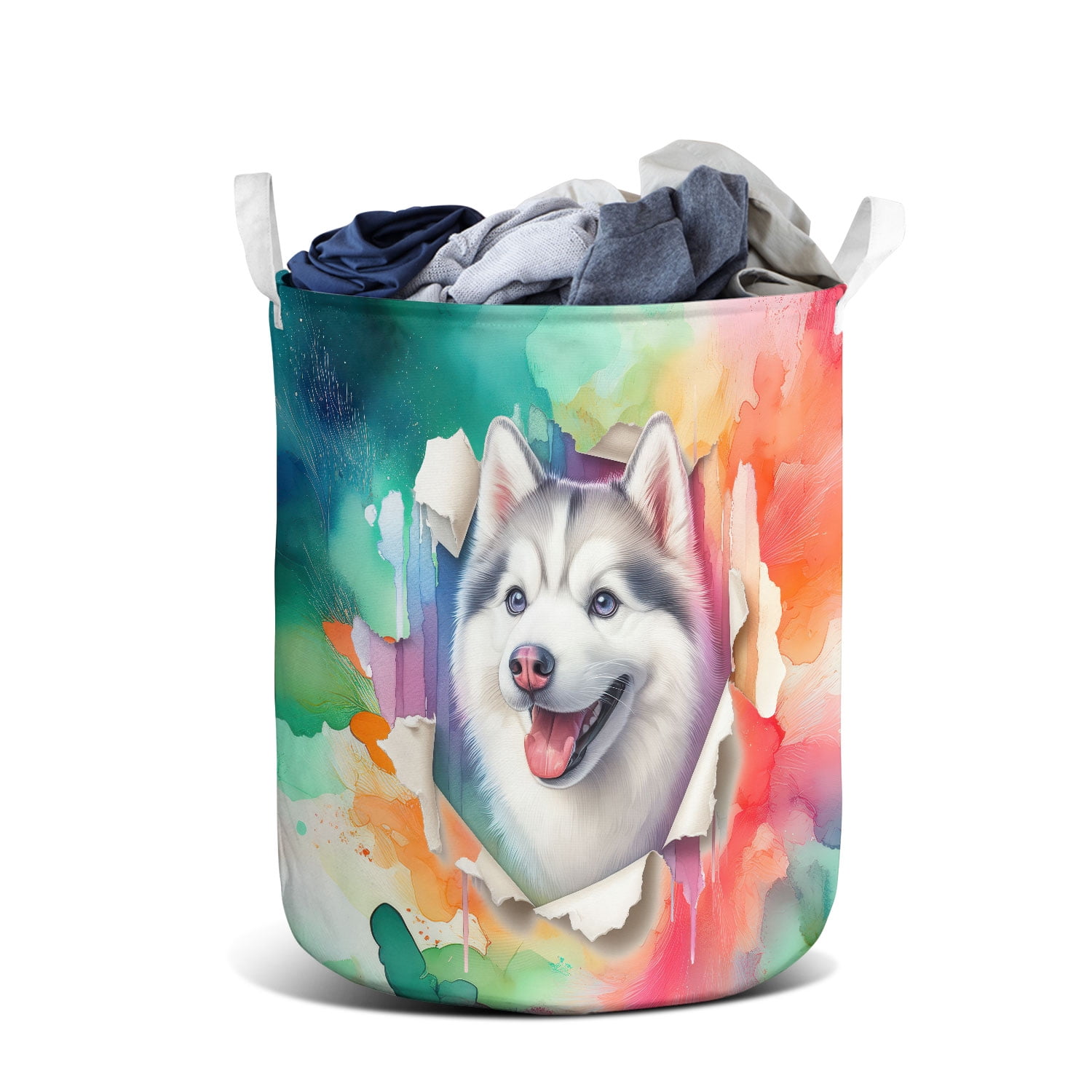 Funny Watercolor Adorable Siberian Husky Peeking Through Torn Paper ...